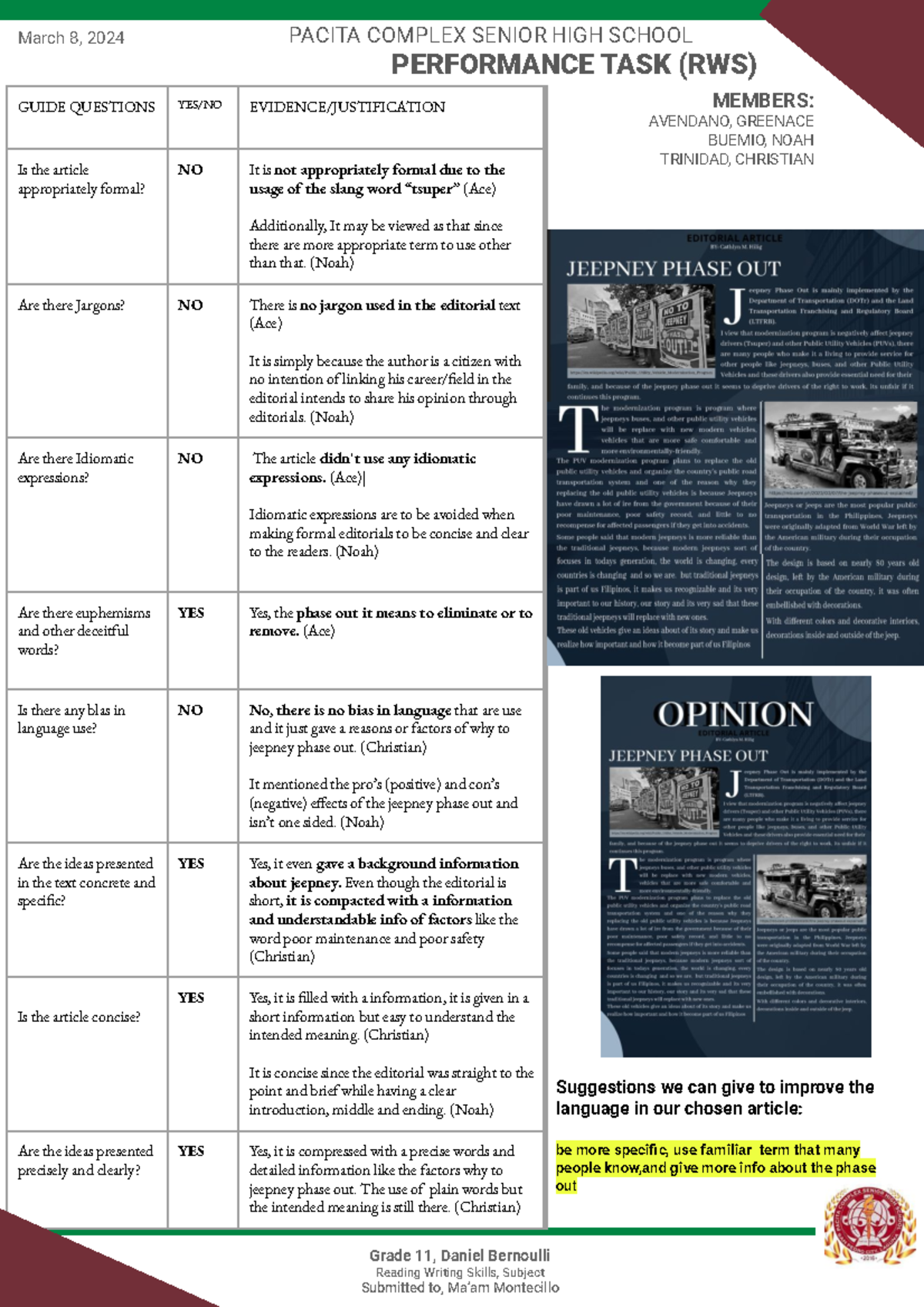 G Ajhsakj - wahta - PERFORMANCE TASK (RWS) PACITA COMPLEX SENIOR HIGH SCHOOL MEMBERS: AVENDANO ...