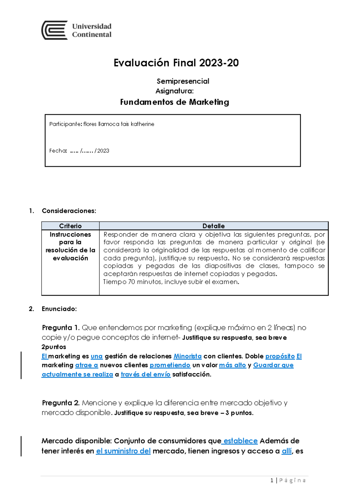 Evaluación Final - 2023-fundamentos del marketing - Evaluación Final 2023 - 20 Semipresencial ...