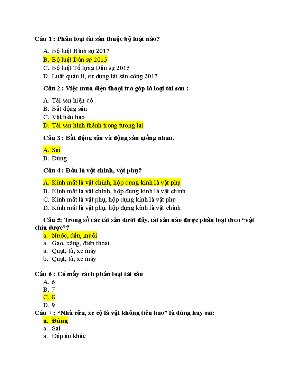 Phân loại tài sản - nope - Câu 1 : Phân loại tài sản thuộc bộ luật nào ...