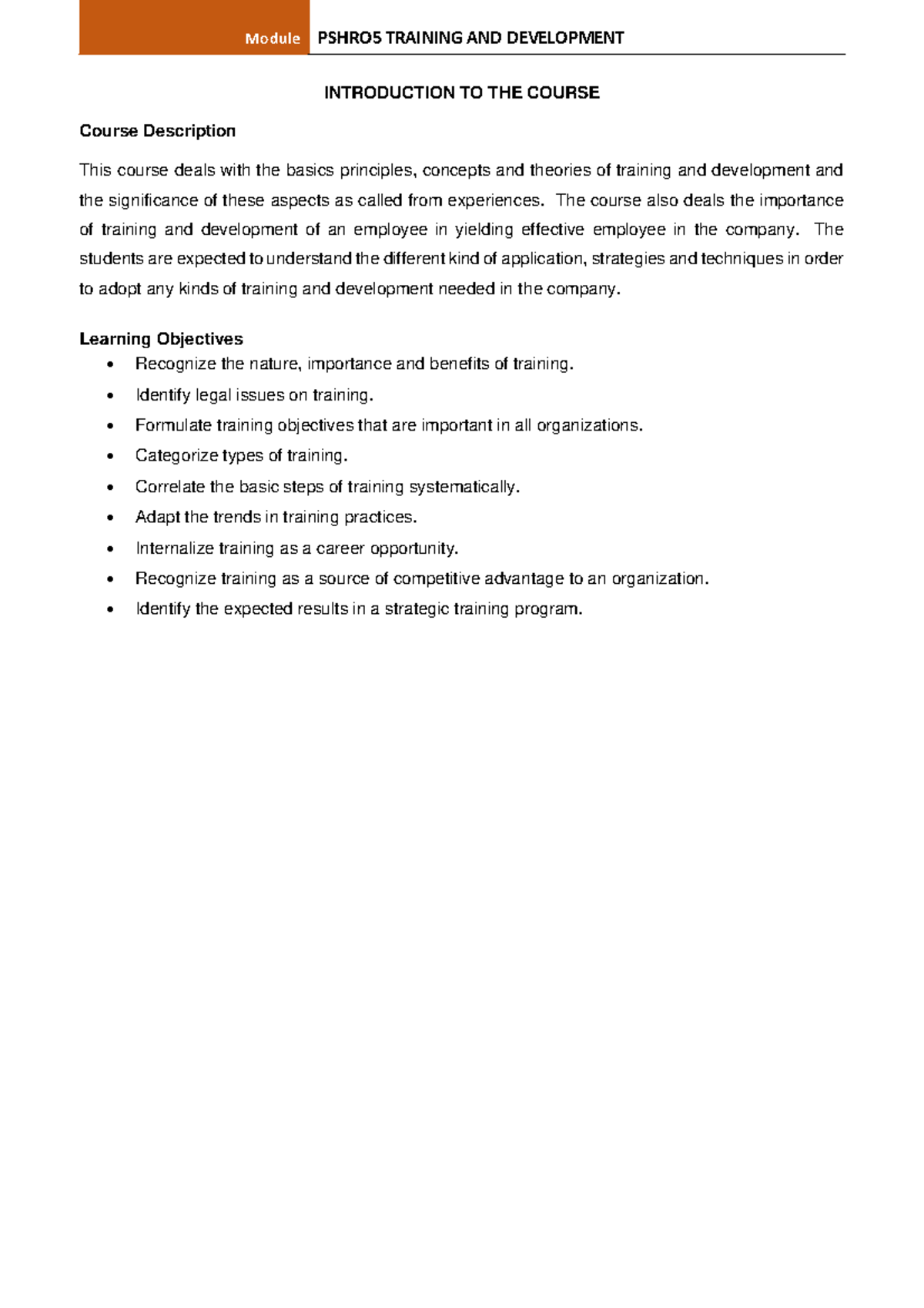 Chapter 1 Training IN Organizations - INTRODUCTION TO THE COURSE Course Description This course ...