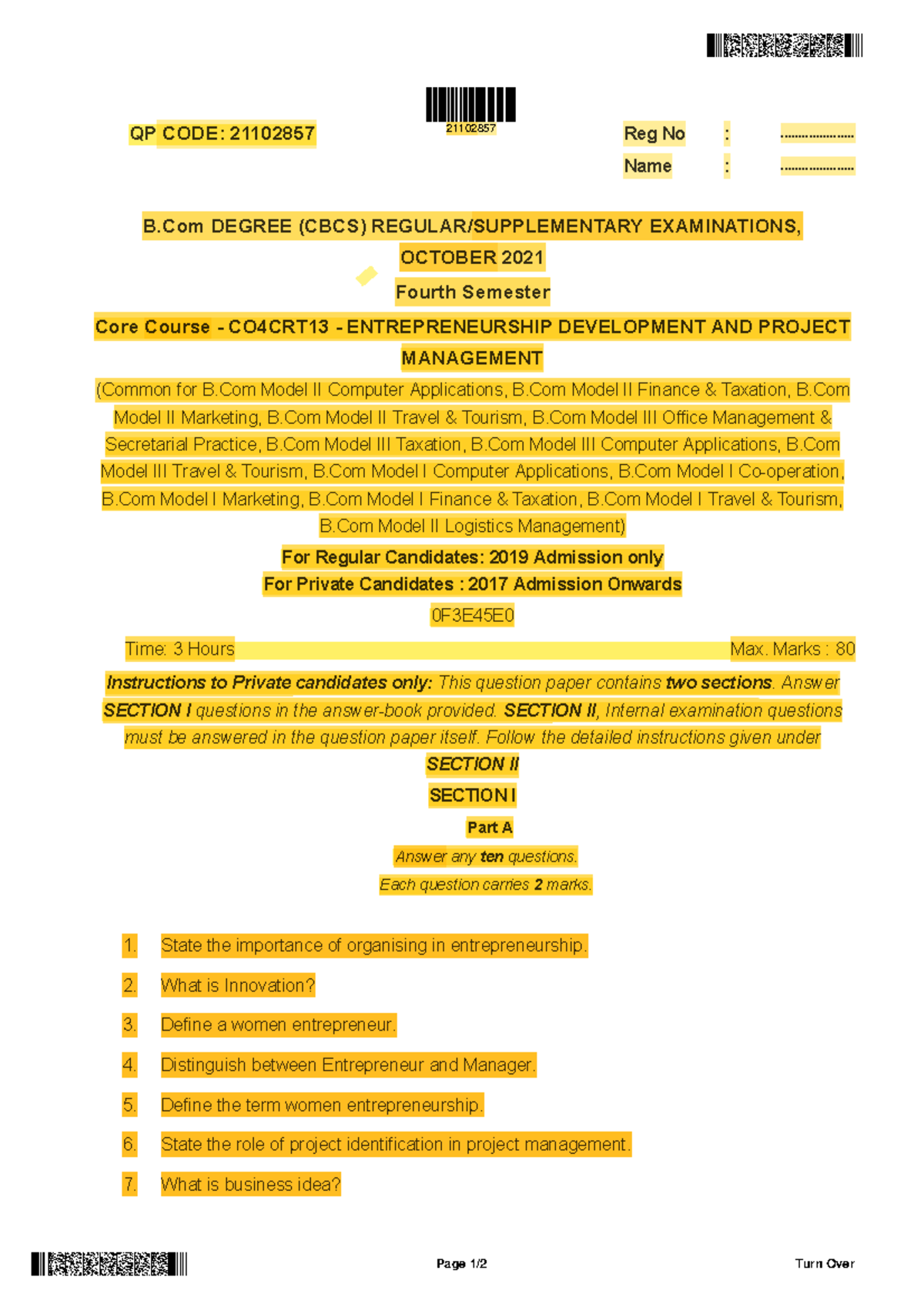 Edpm - edpm - QP CODE: 21102857 Reg No : ..................... Name : ..................... B ...