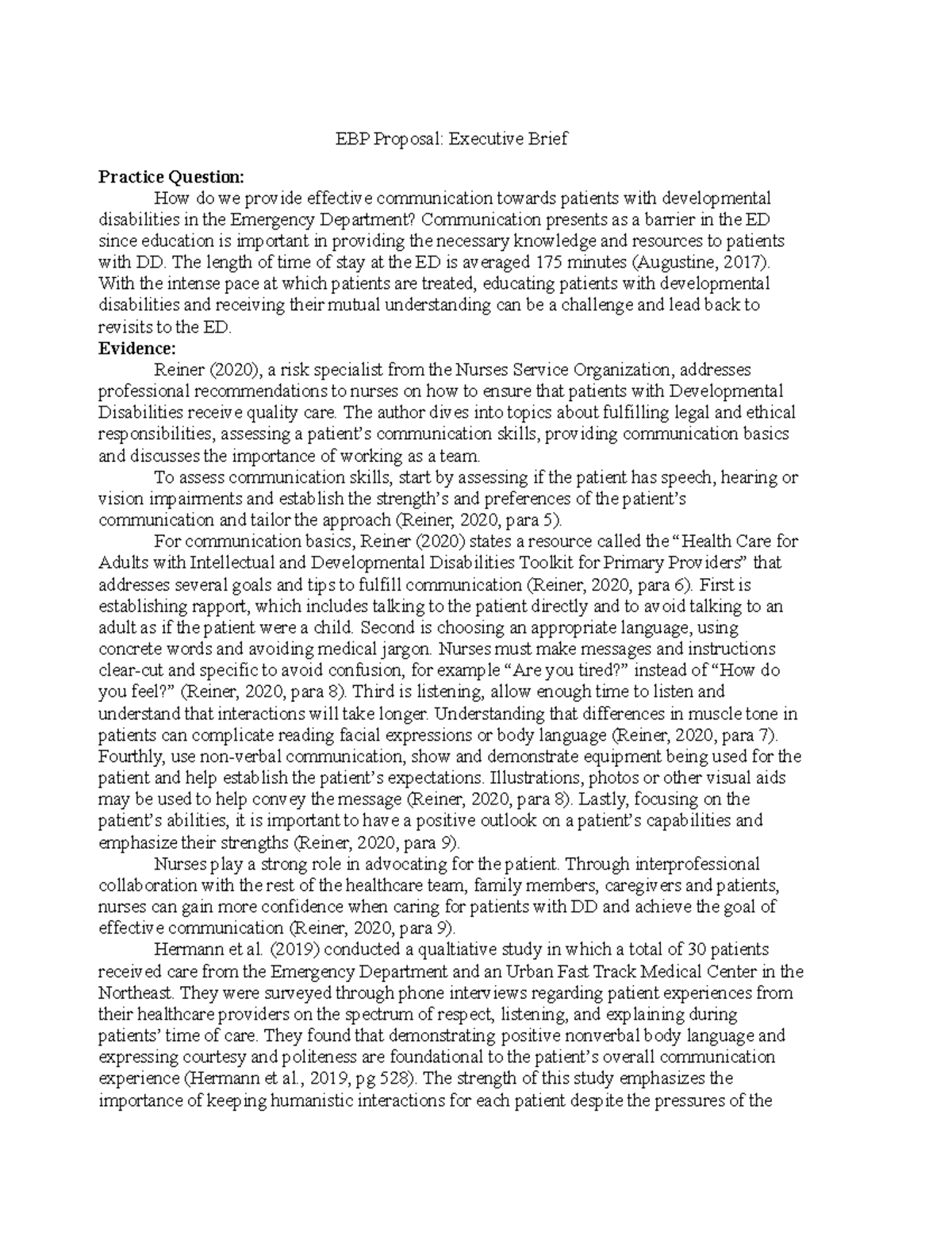 Evidence Based Practice Proposals - EBP Proposal: Executive Brief ...