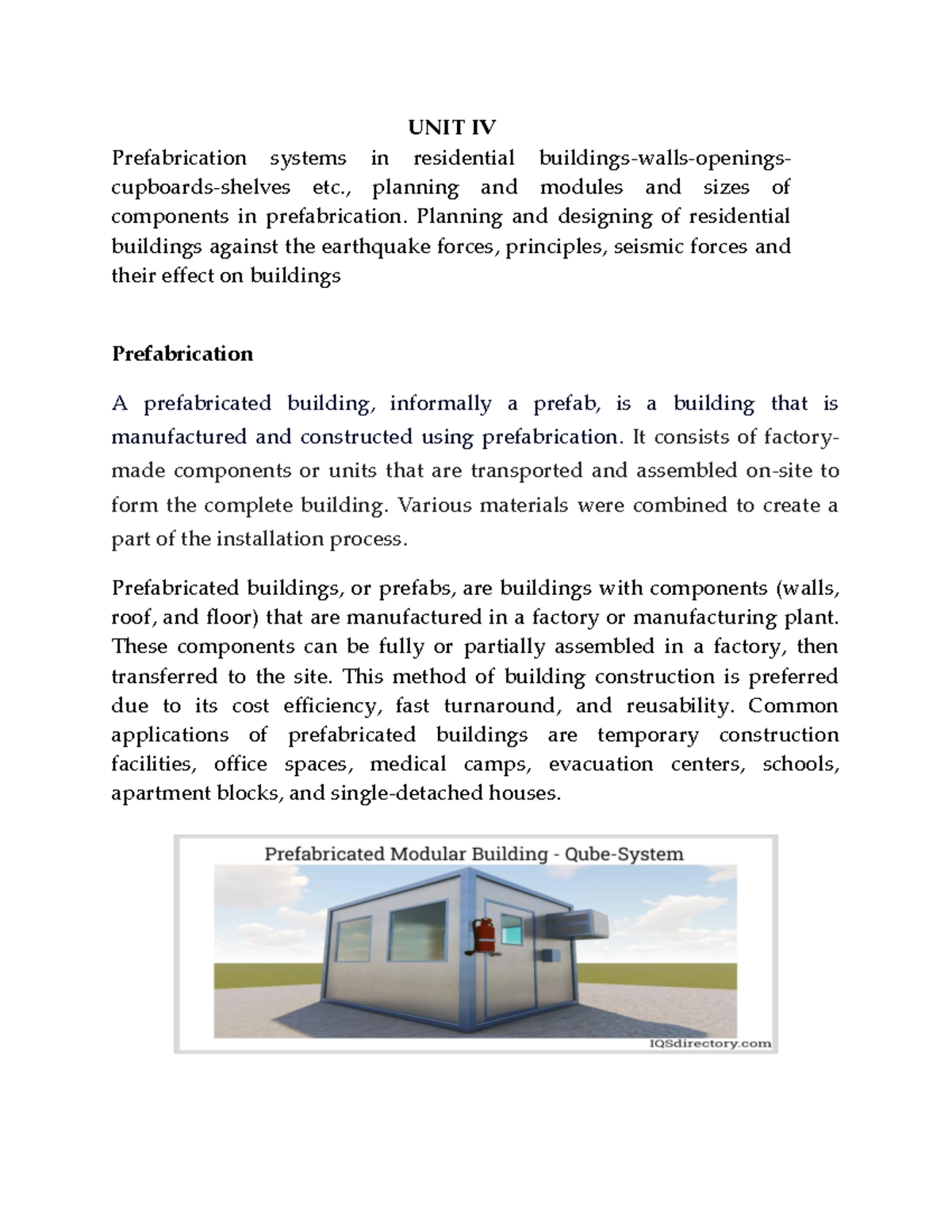 Unit 4 - Unit 4 - UNIT IV Prefabrication systems in residential ...
