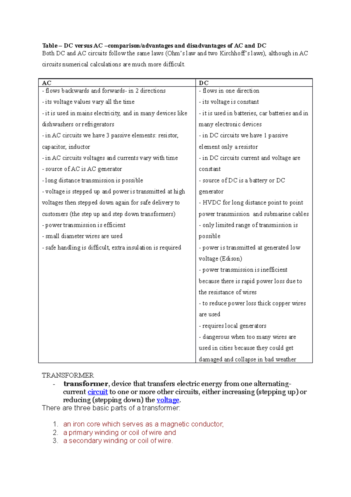 Podsumowanie angielski - Table – DC versus AC –comparison/advantages and disadvantages of AC and ...