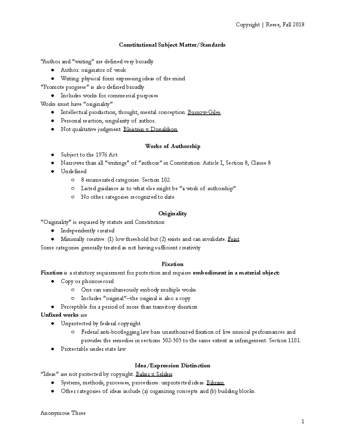 Copyright Outline Reese 2018 - Constitutional Subject Matter/Standards ...
