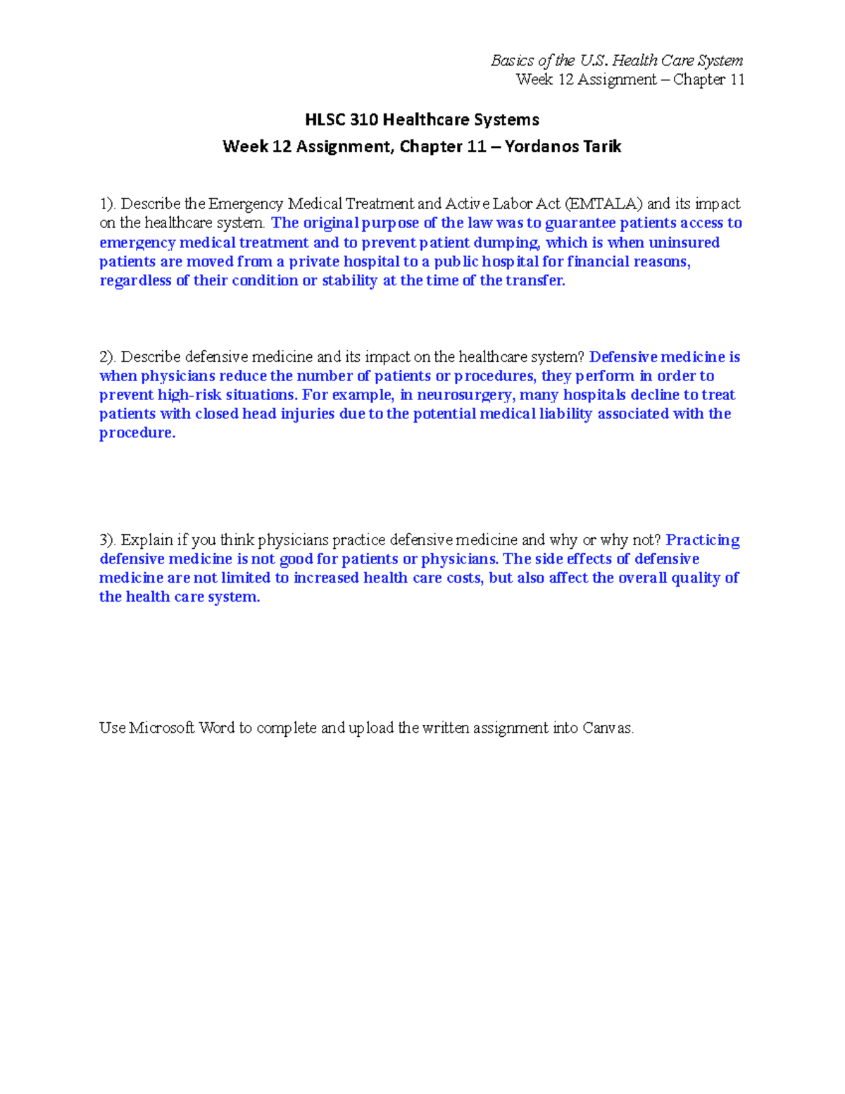 Assignment #9 - Basics of the U. Health Care System Week 12 Assignment ...