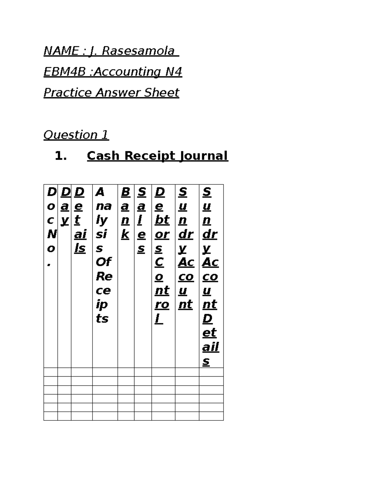 Accounting practice - It is a answersheet - NAME : J. Rasesamola EBM4B ...