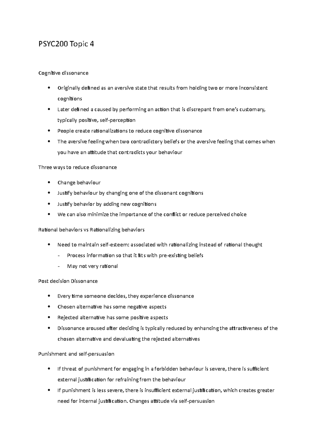 PSYC200 Topic 4 - Cognitive dissonance - PSYC200 Topic 4 Cognitive ...