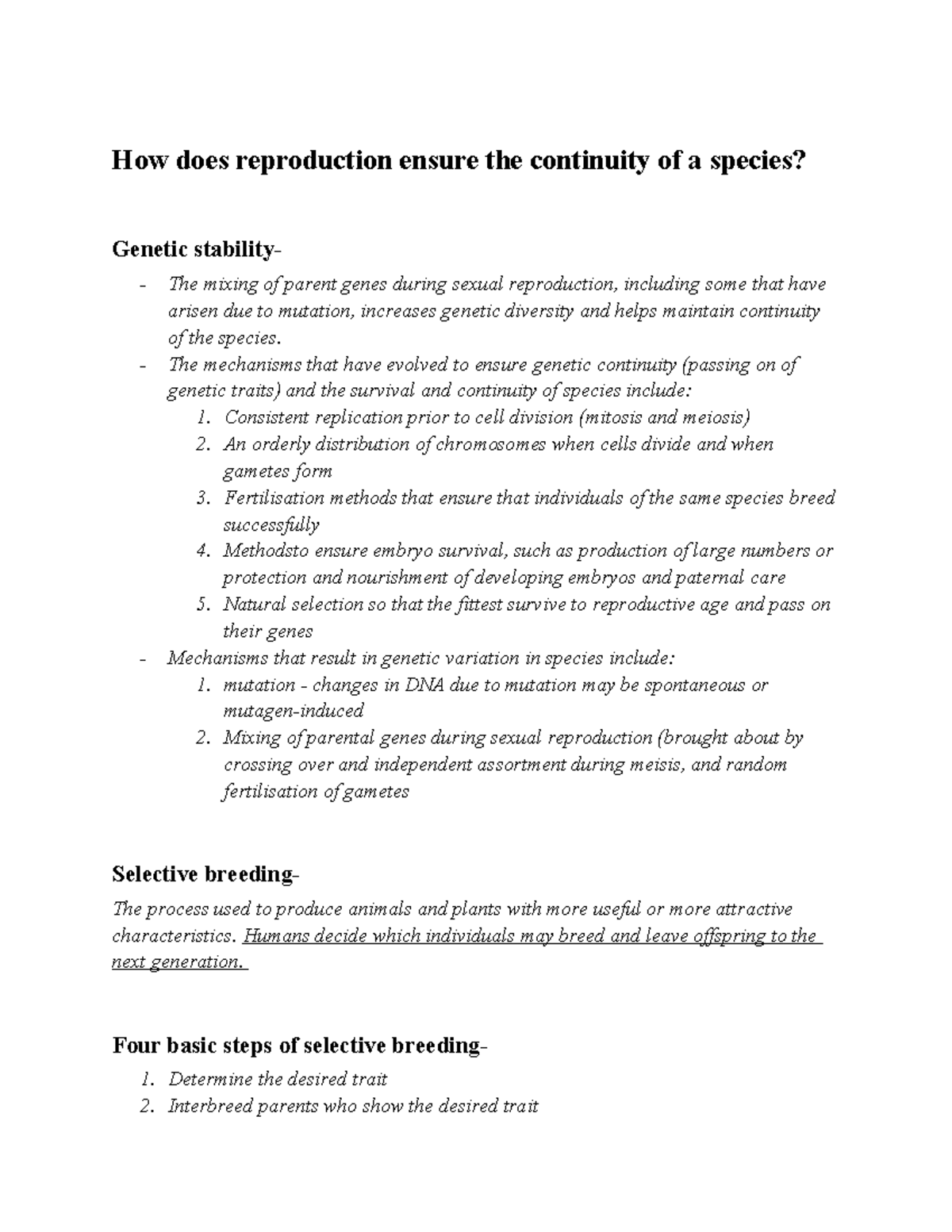 Bio lesson 1- reproduction - How does reproduction ensure the ...