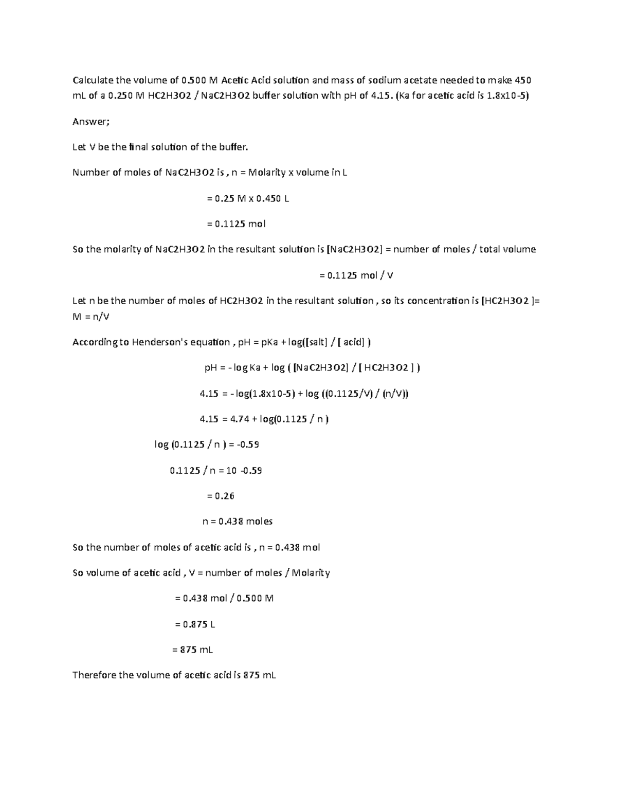 Buffer sol - practice material for biochemistry - Calculate the volume ...