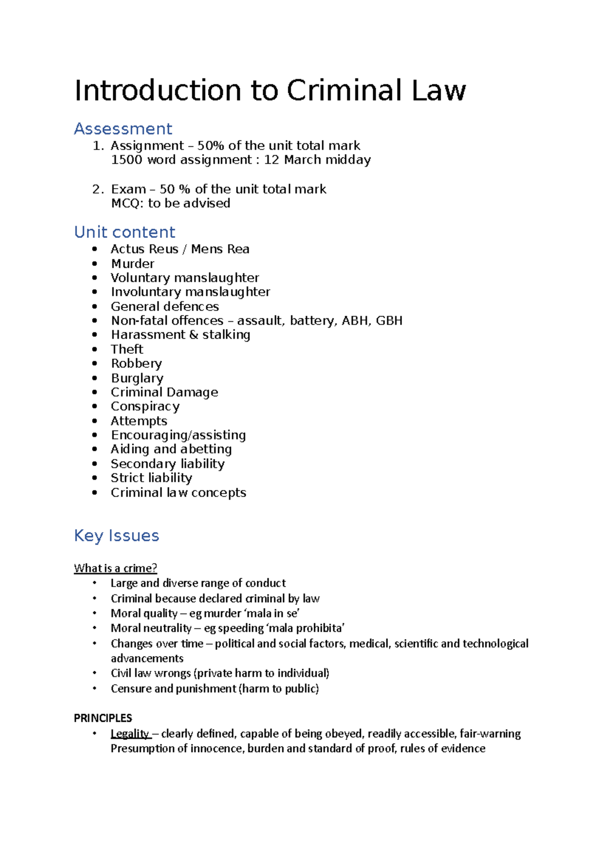 Introduction to Criminal Law - Bournemouth - Studocu