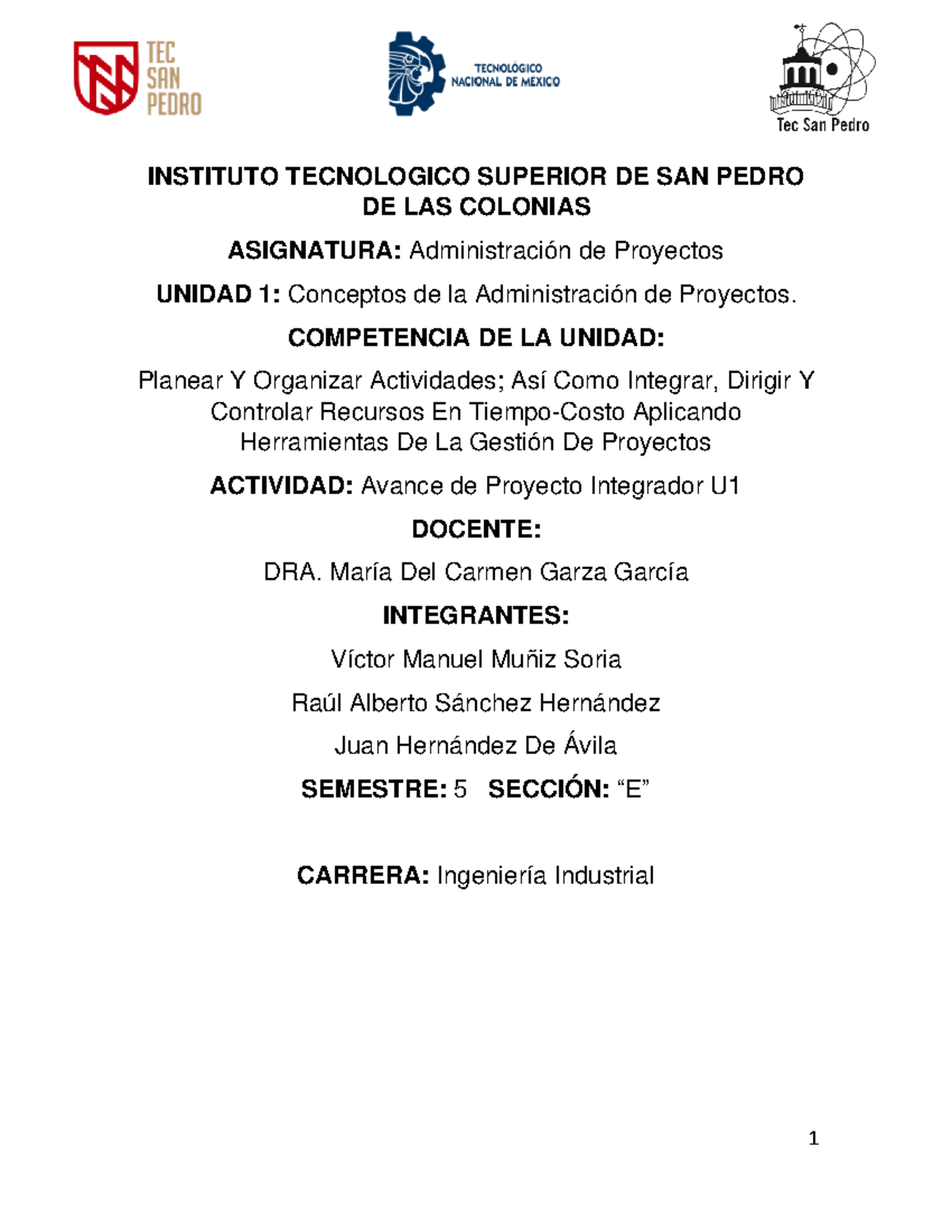 Avance DE Proyecto Integrador U2 5E - INSTITUTO TECNOLOGICO SUPERIOR DE ...
