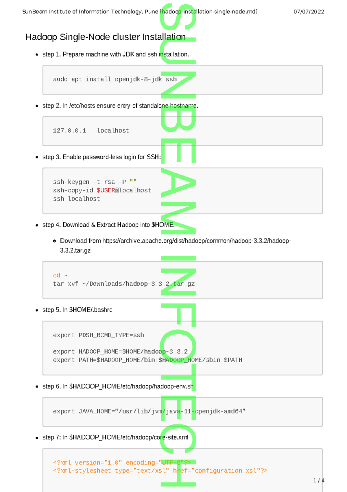 Hadoop installation single node cluster - SunBeam Institute of ...