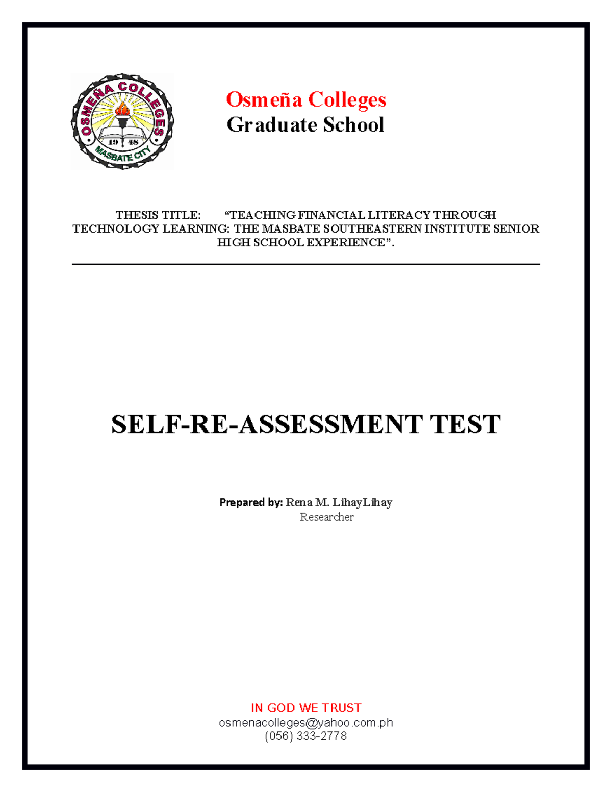 Self-Re-assessment test - Osmeña Colleges Graduate School THESIS TITLE ...