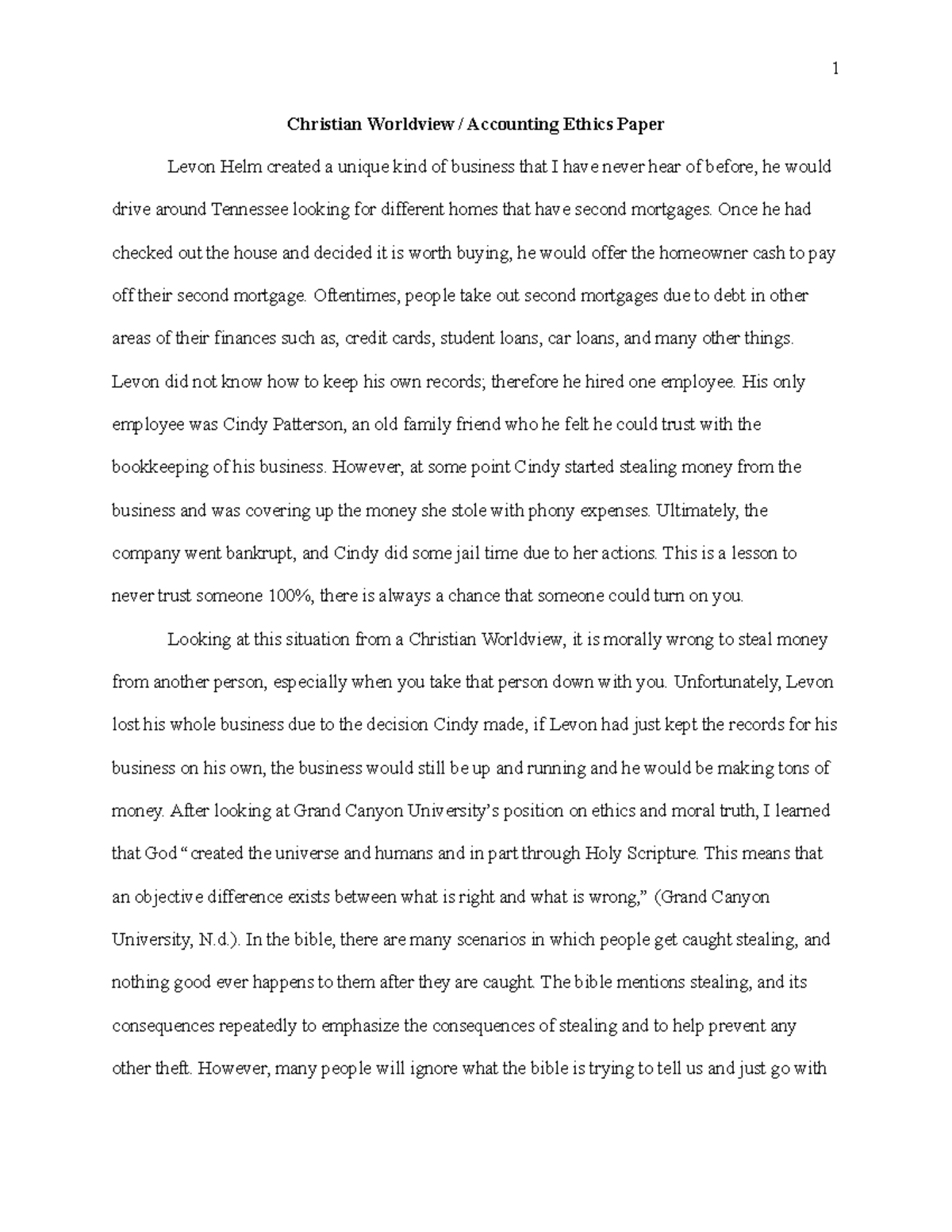 Christian Worldview/Accounting Ethics Paper | A+ - 1 Christian ...
