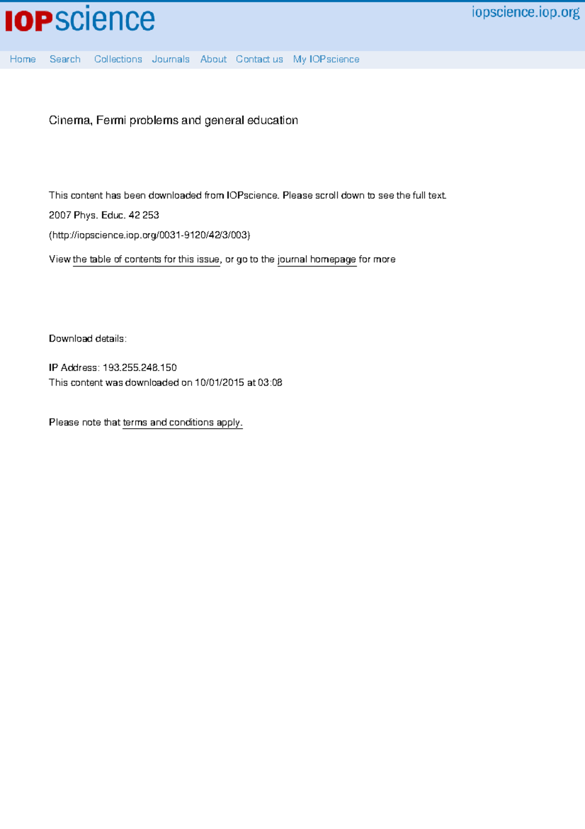 Cinema, Fermi problems and general education - This content has been downloaded from IOPscience ...