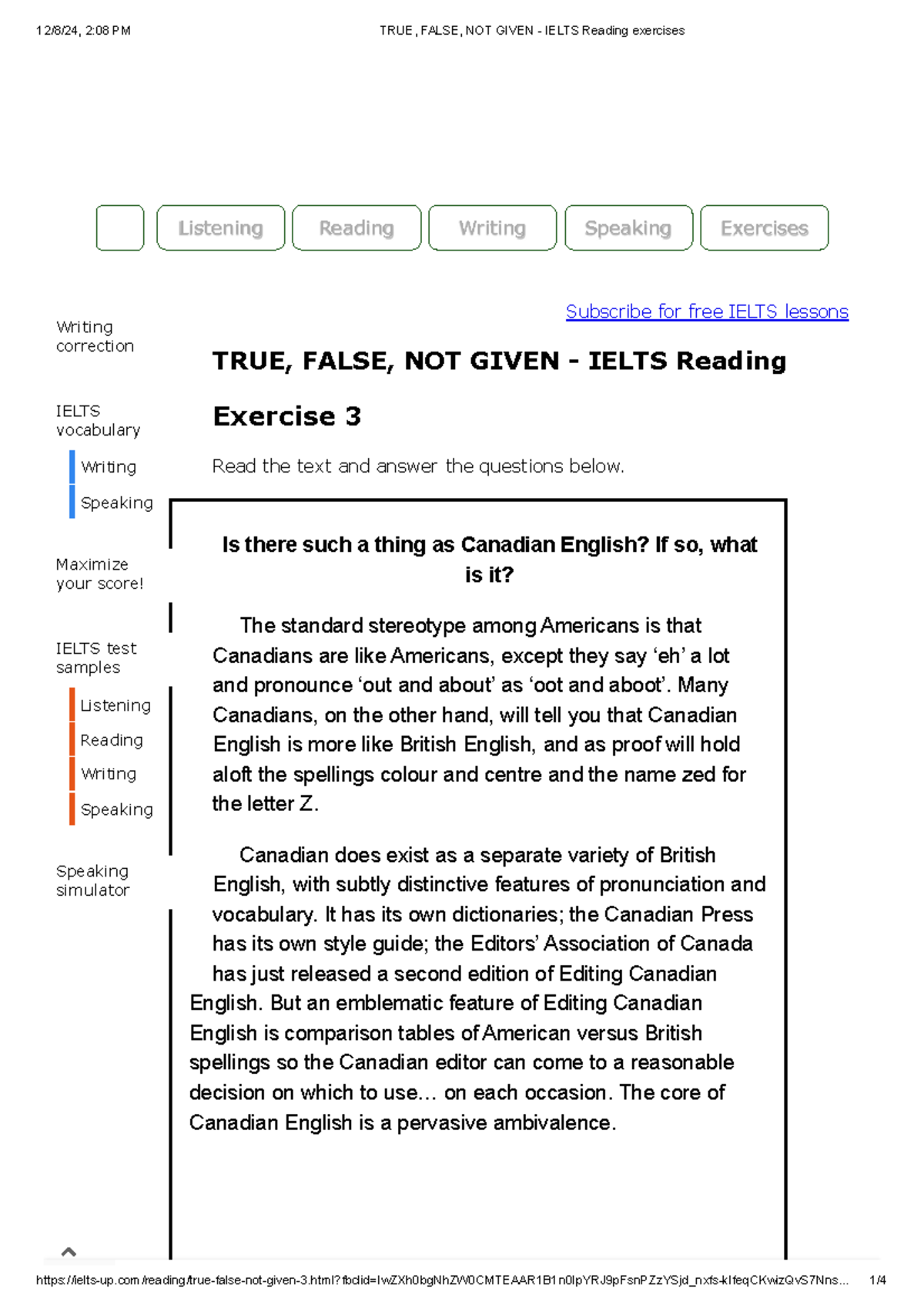 TRUE, False, NOT Given - Ielts Reading exercises có key - Subscribe for ...