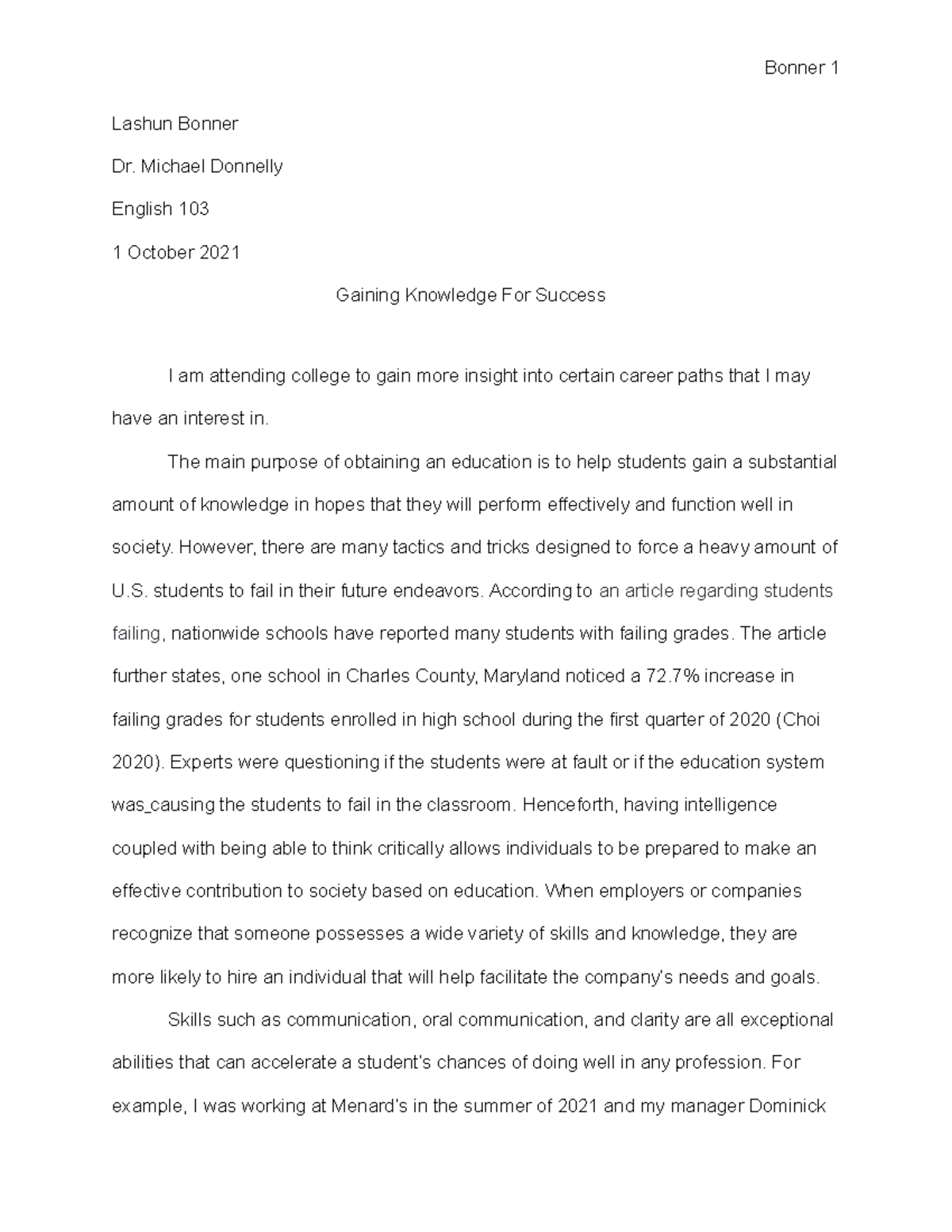 Writing Project #2 Draft - Lashun Bonner Dr. Michael Donnelly English ...