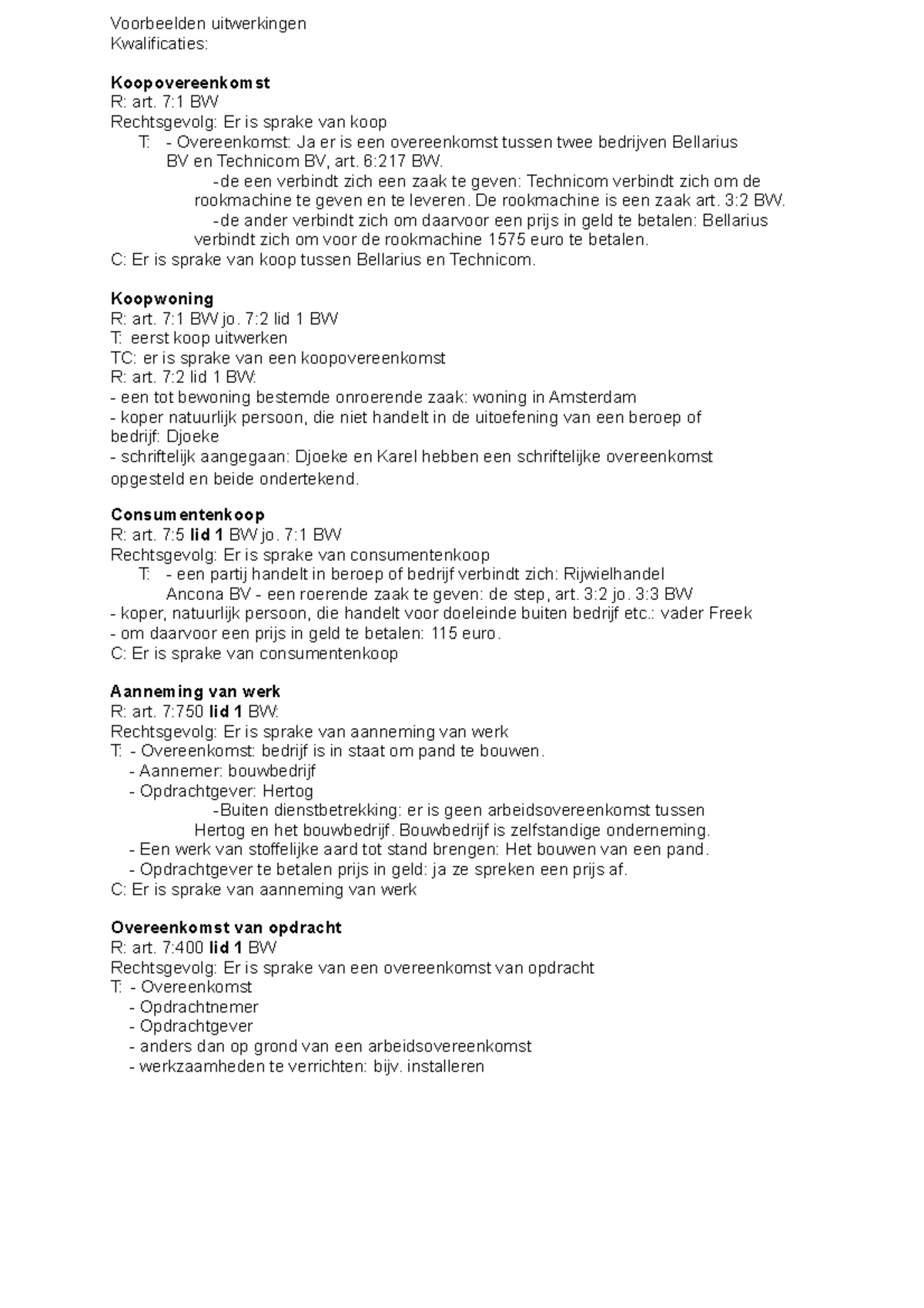 Voorbeelden uitwerkingen Bijzondere overeenkomsten - HvA - Studeersnel