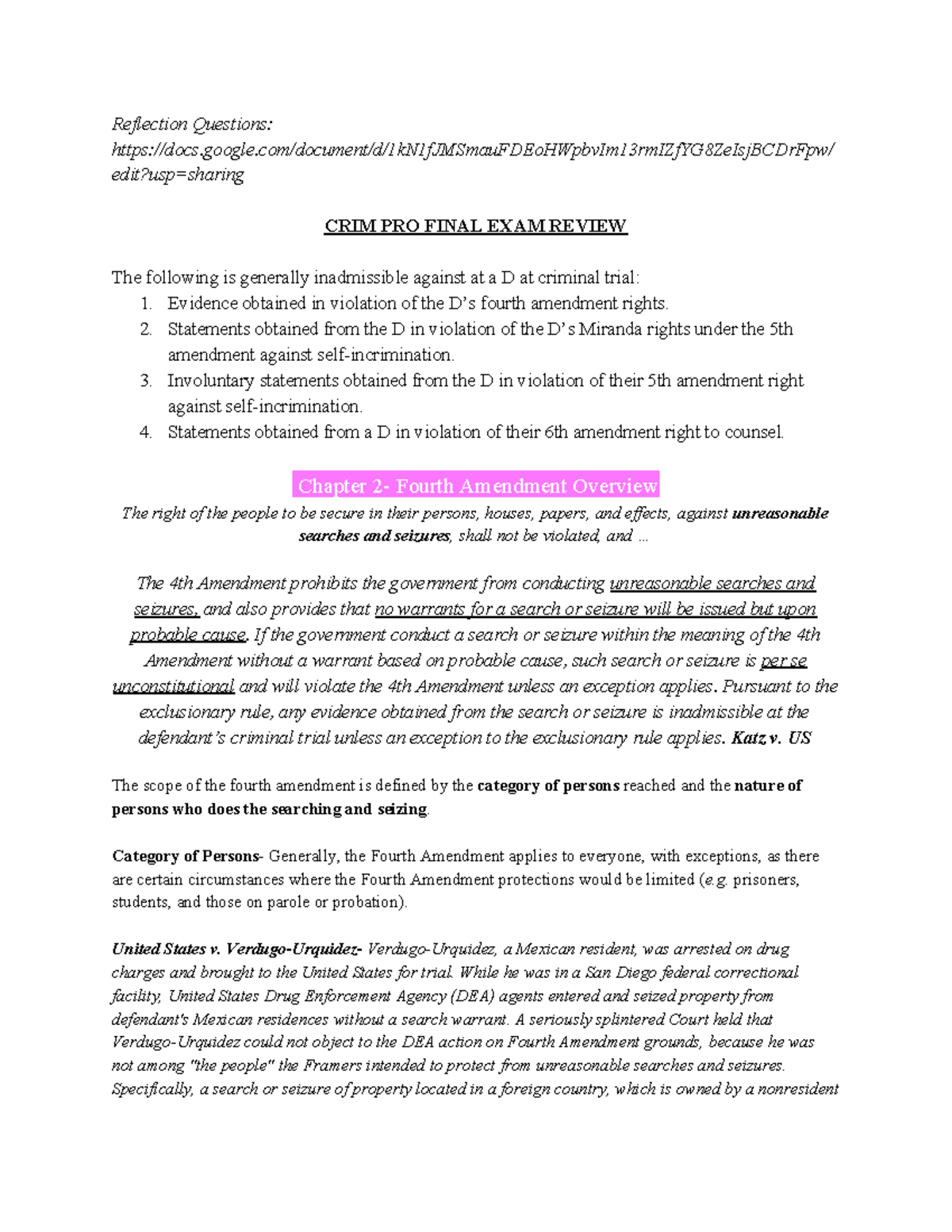 Crim Pro Final Review - Crim Pro outline - Reflection Questions: - Studocu