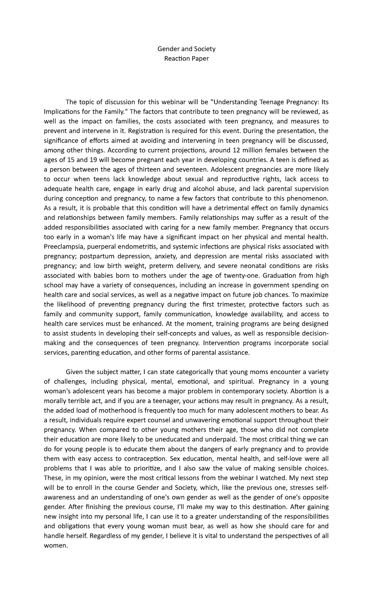 Reaction-Paper Teenage - Gender and Society Reaction Paper The topic of ...