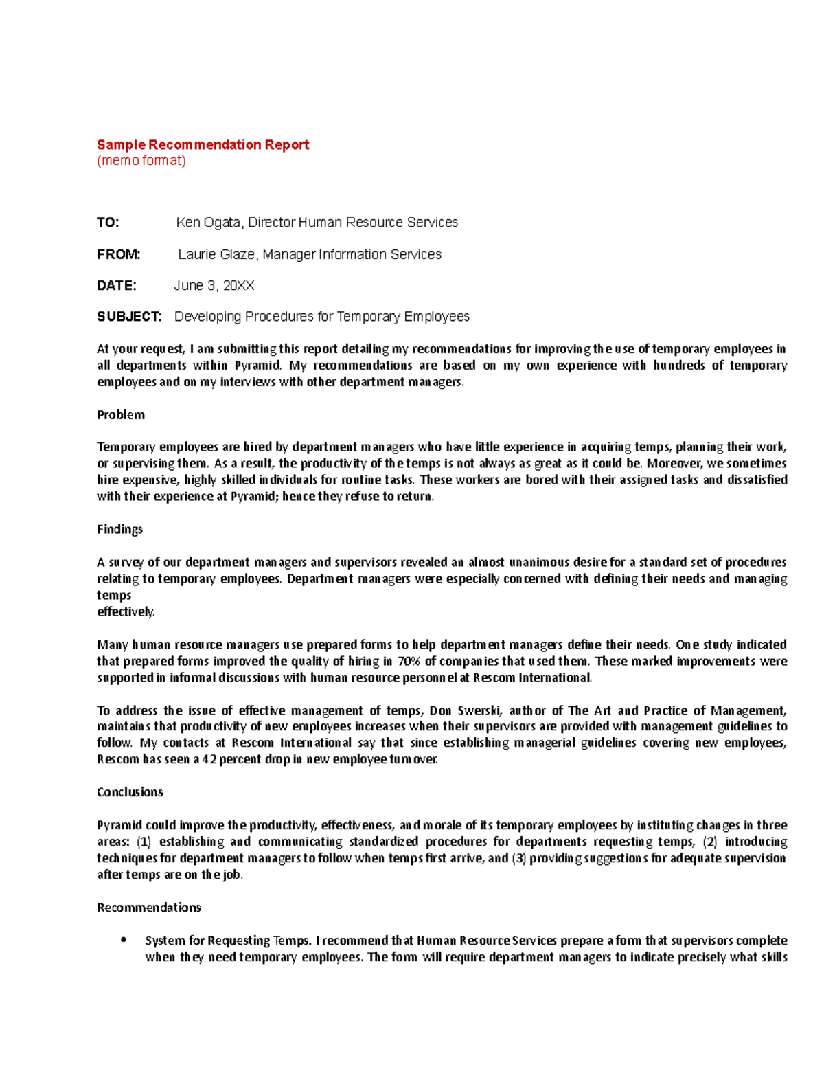 Recommendation report Structure - Sample Recommendation Report (memo ...