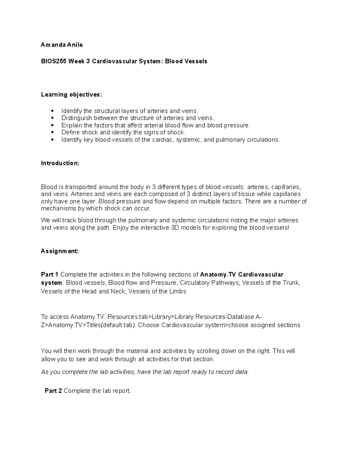 Lab assignment BIOS 255 Week 3 Blood Vessels - BIO255 - Chamberlain ...