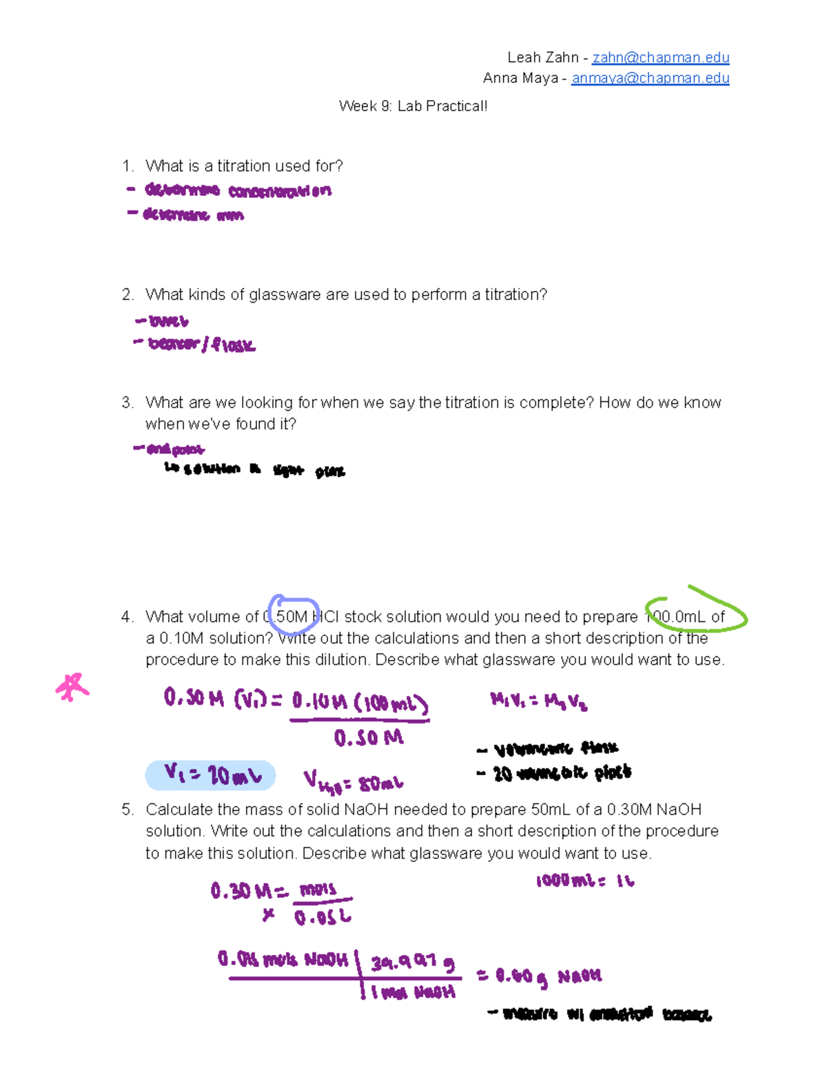 Si lab practical - SI chem 150 lab w/ Anna - Leah Zahn - zahn@chapman ...