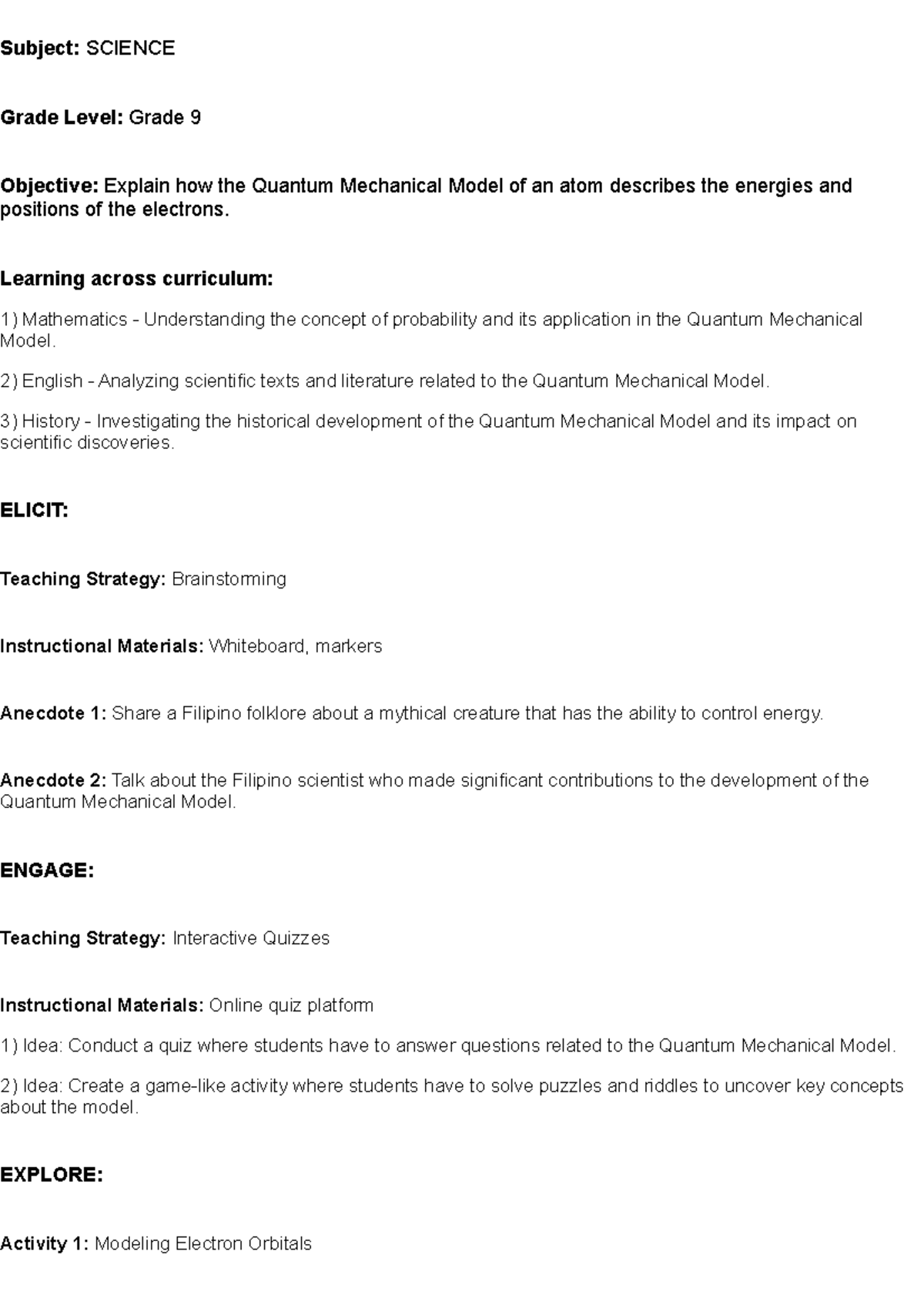 Lesson plan science - Subject: SCIENCE Grade Level: Grade 9 Objective ...