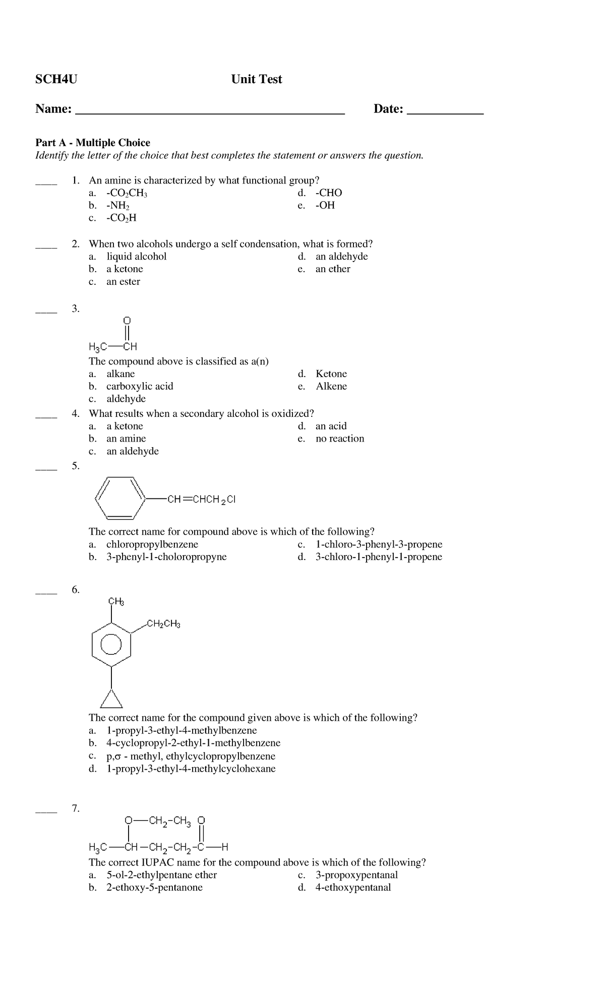 SCH4organic Unit Test - Practice - SCH4U Unit Test Name
