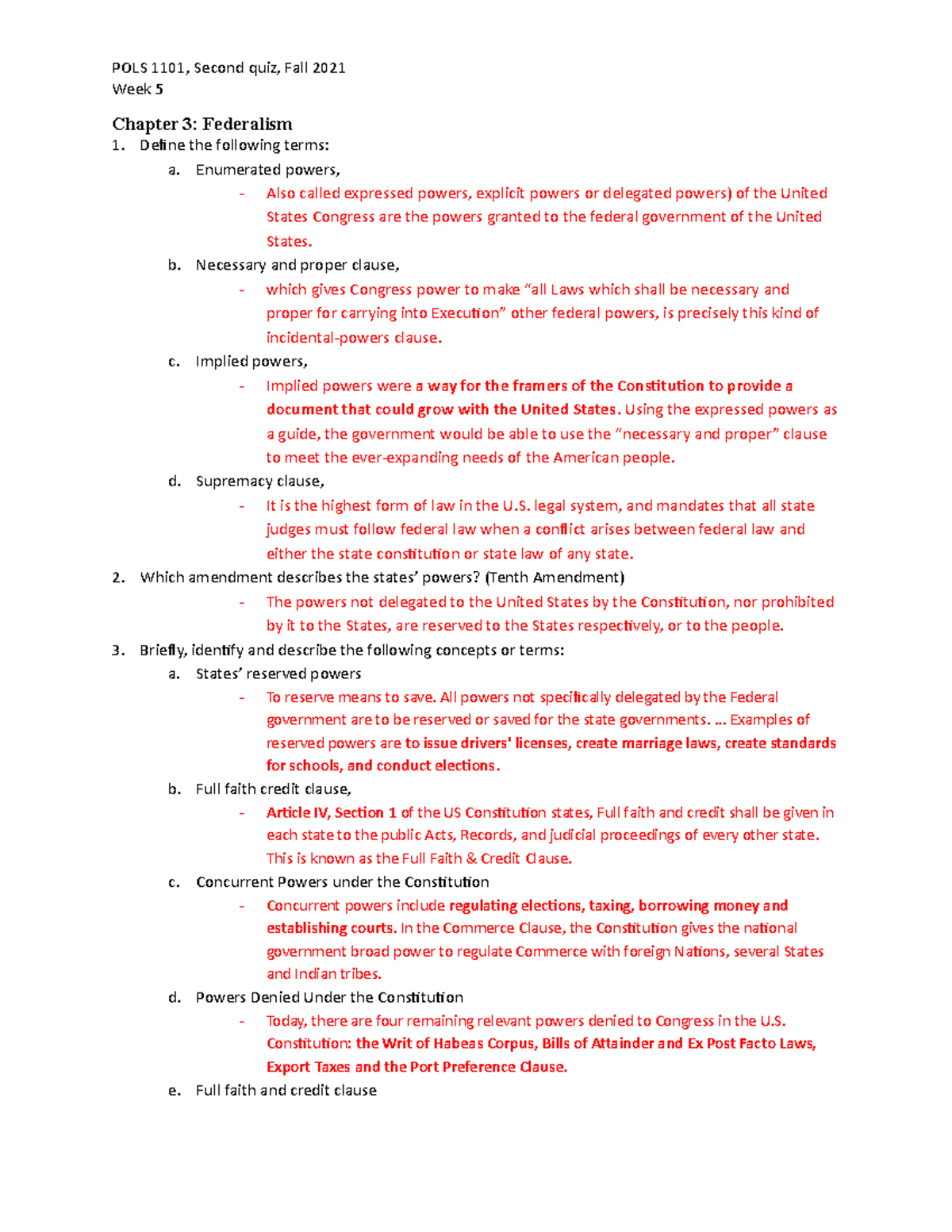 Study Guide,Second Quiz, Fall 2021 - Week 5 Chapter 3: Federalism ...