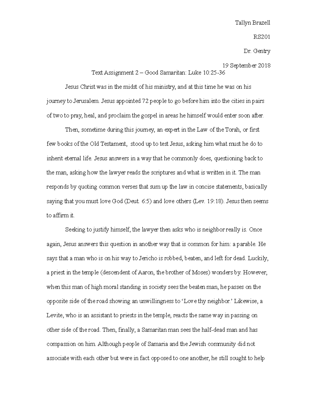 Text Assignment 2 – Good Samaritan - Tallyn Brazell RS Dr. Gentry 19 ...