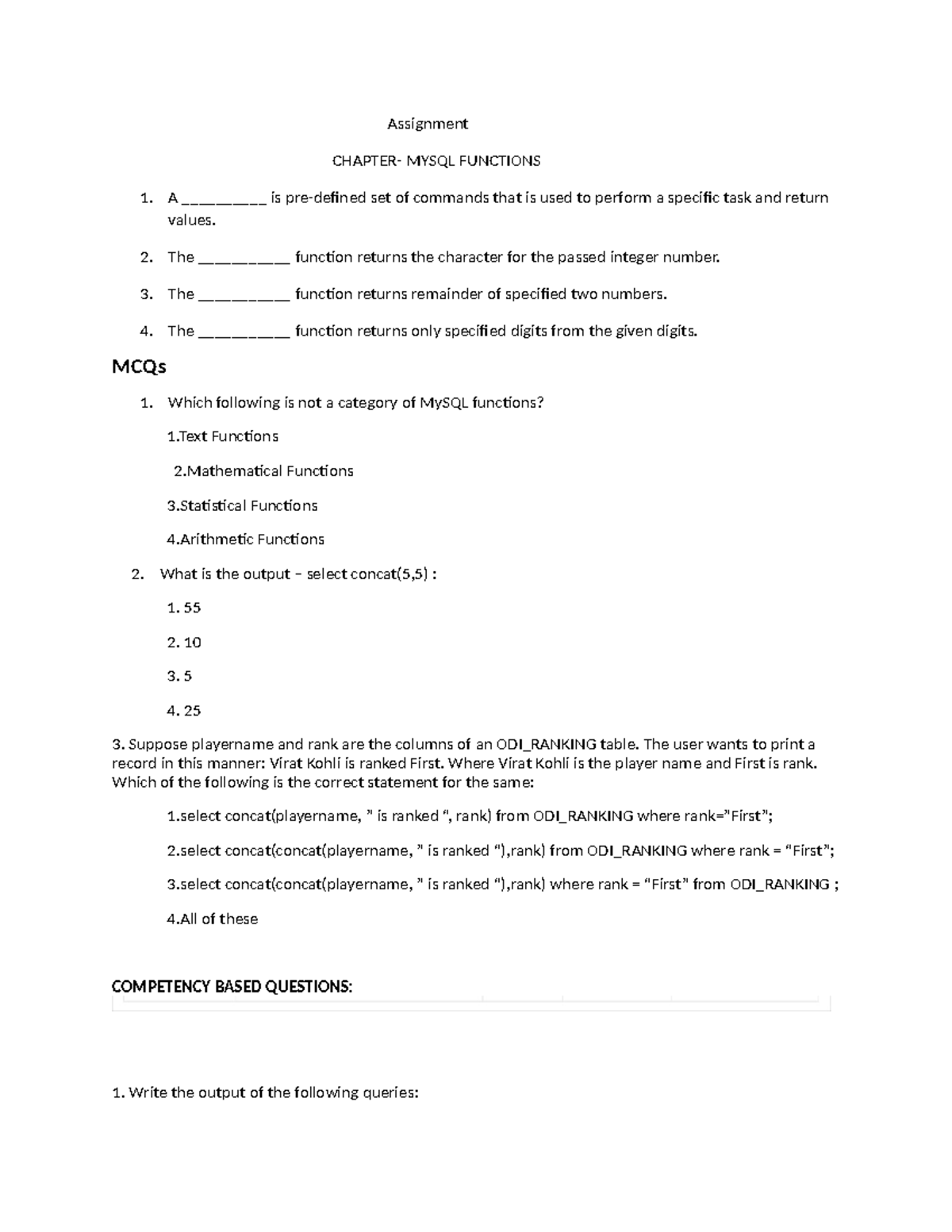 Ass - information technology - Assignment CHAPTER- MYSQL FUNCTIONS A ...