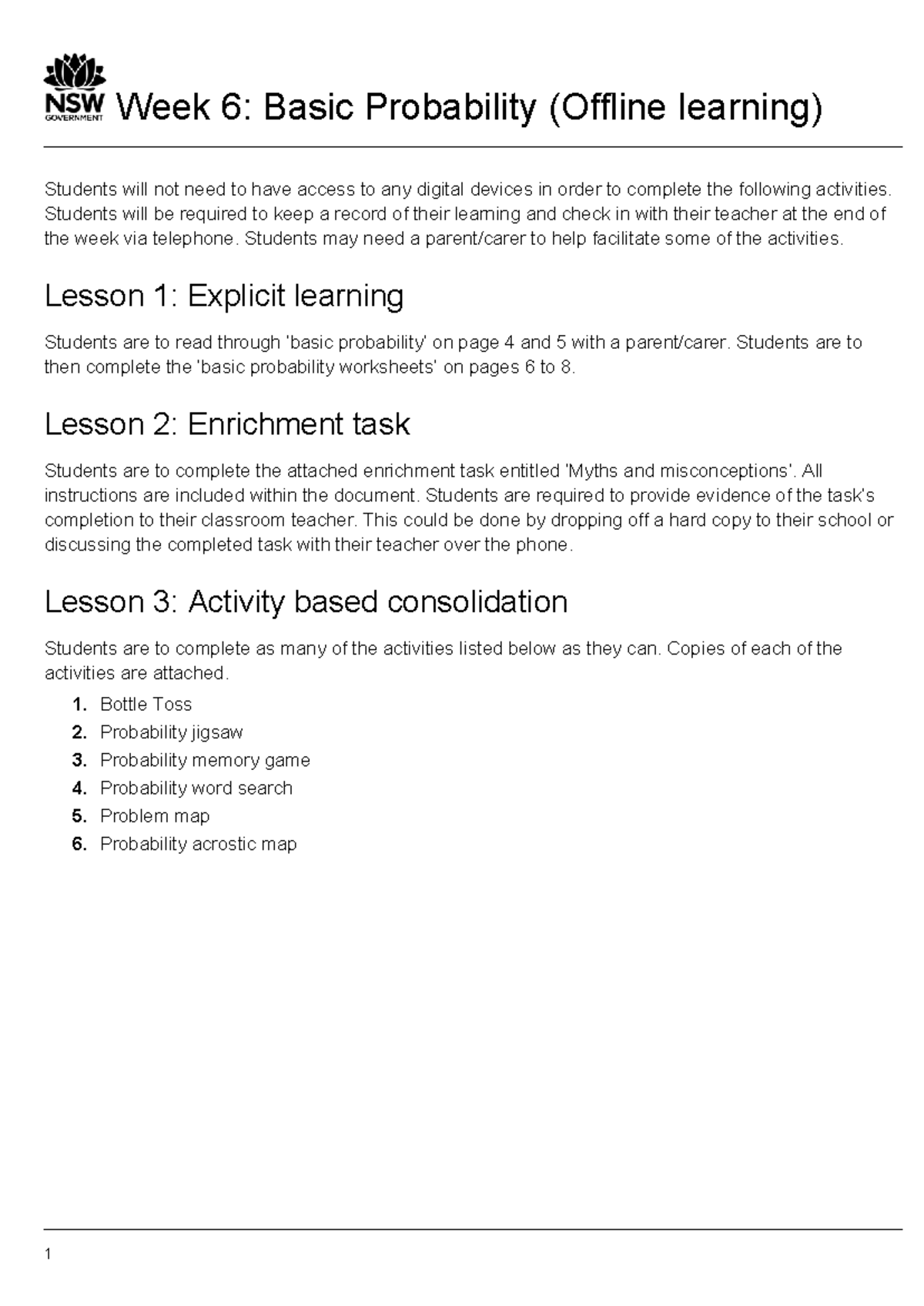 Probability Game Activity - Week 6: Basic Probability (Offline learning) Students will not need ...