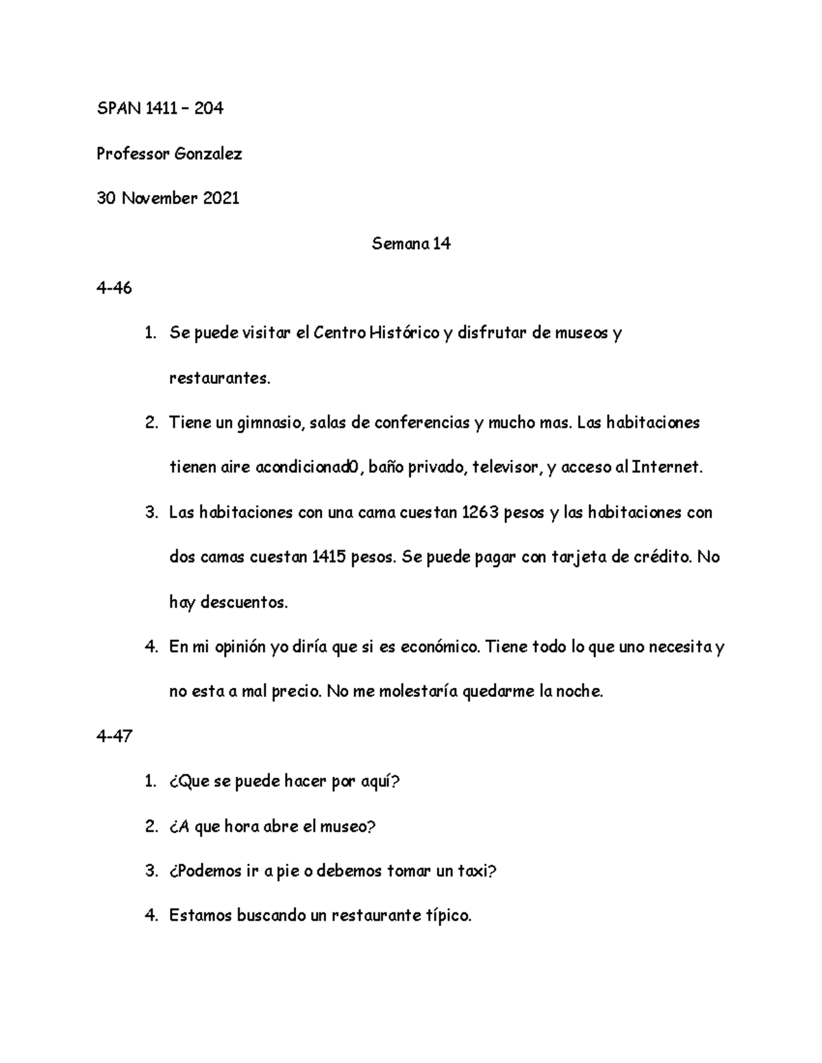 Semana 14 - homework answers for week 14 - SPAN 1411 – 204 Professor ...