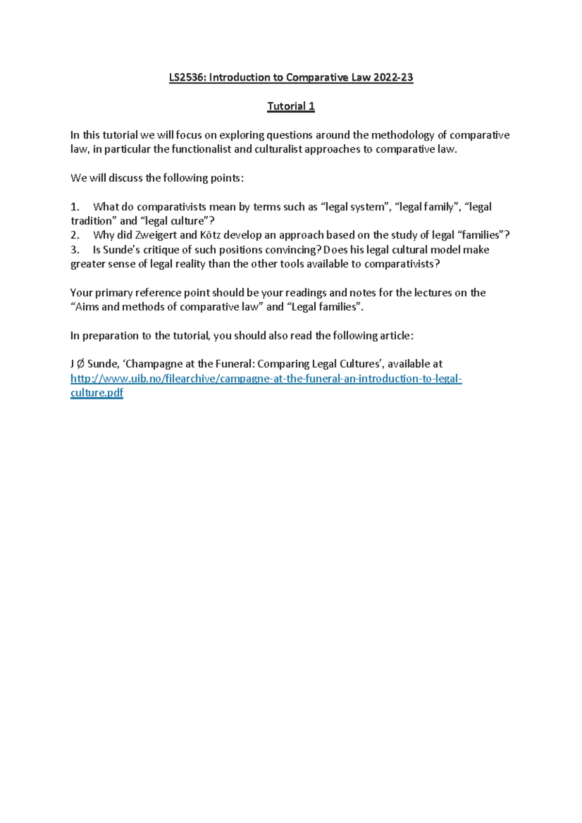 LS2536 Tutorial sheet 1 2023 - LS2536: Introduction to Comparative Law 2022 - 23 Tutorial 1 In ...