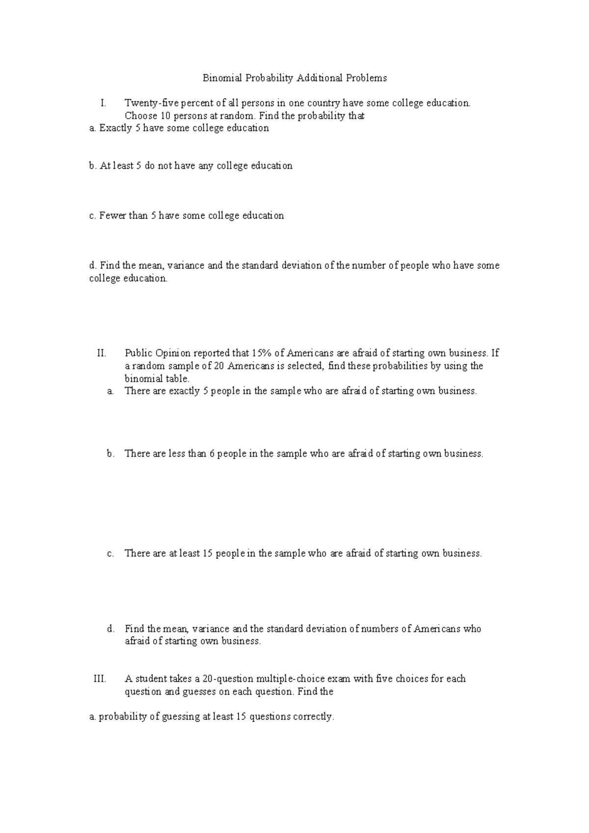Binomial Additional - Binomial Probability Additional Problems I ...