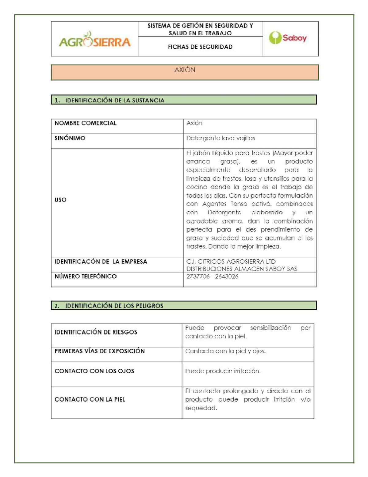 Axion Arranca Grasa - sds para productos de limoieza - Ecuaciones ...