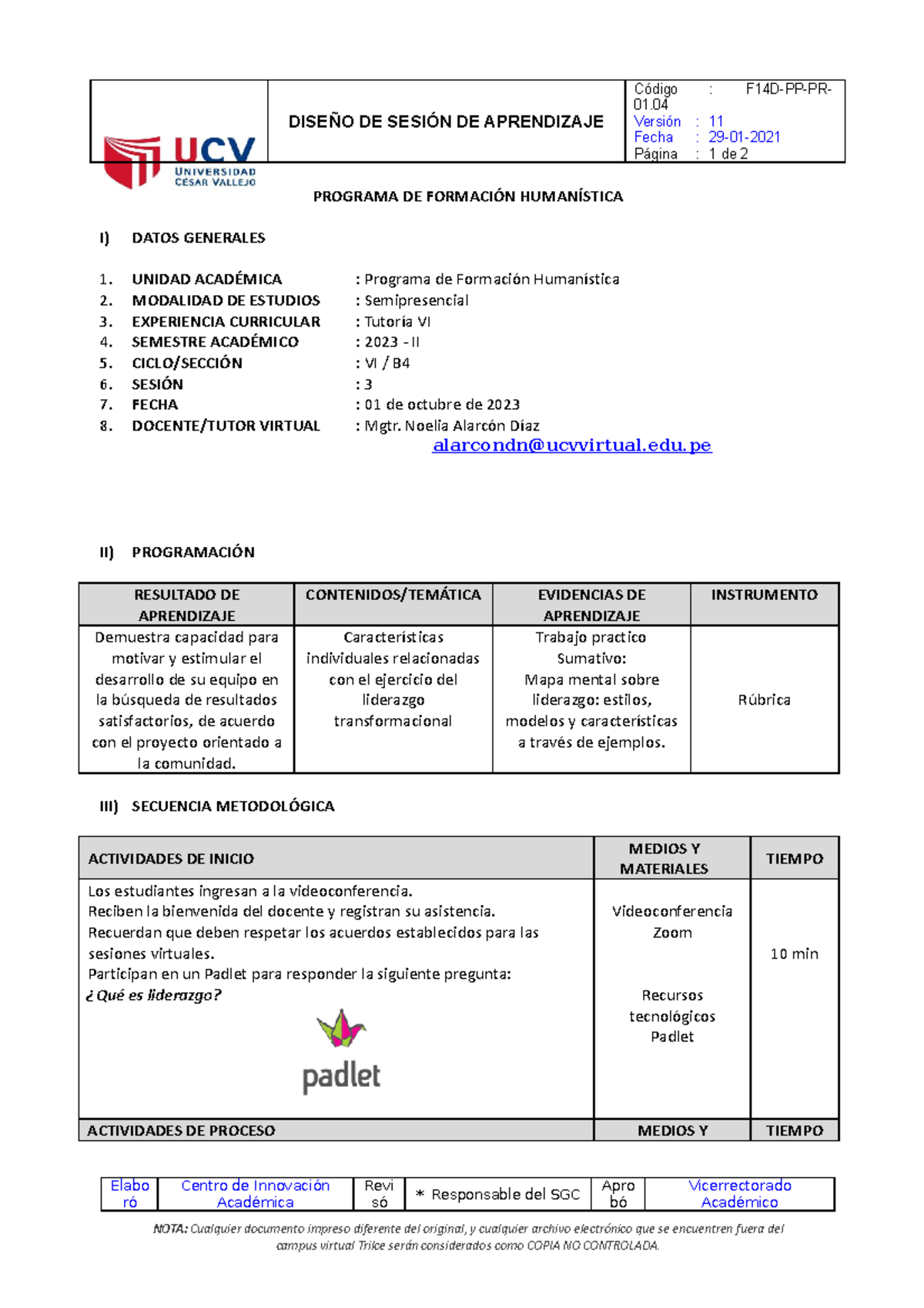 DSA 3 - TUTOTIA - DISEÑO DE SESIÓN DE APRENDIZAJE Código : F14D-PP-PR- 01. Versión : 11 Fecha ...
