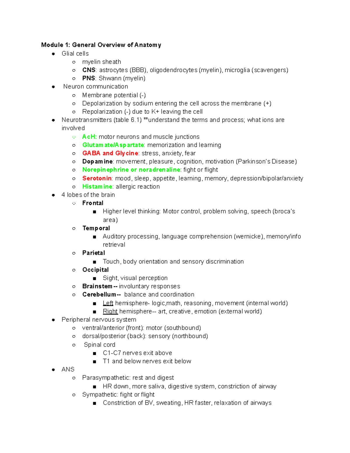Neuroscience Unit One - Lecture notes for the first exam. - Module 1 ...