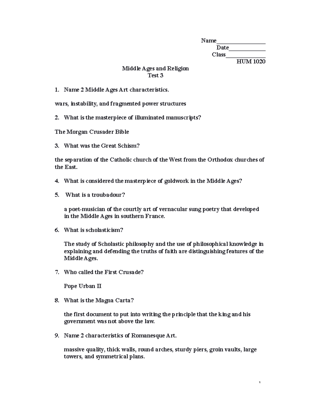 Test 3 Middle Ages-1-1-1 - Name________________ Date____________ Class ...