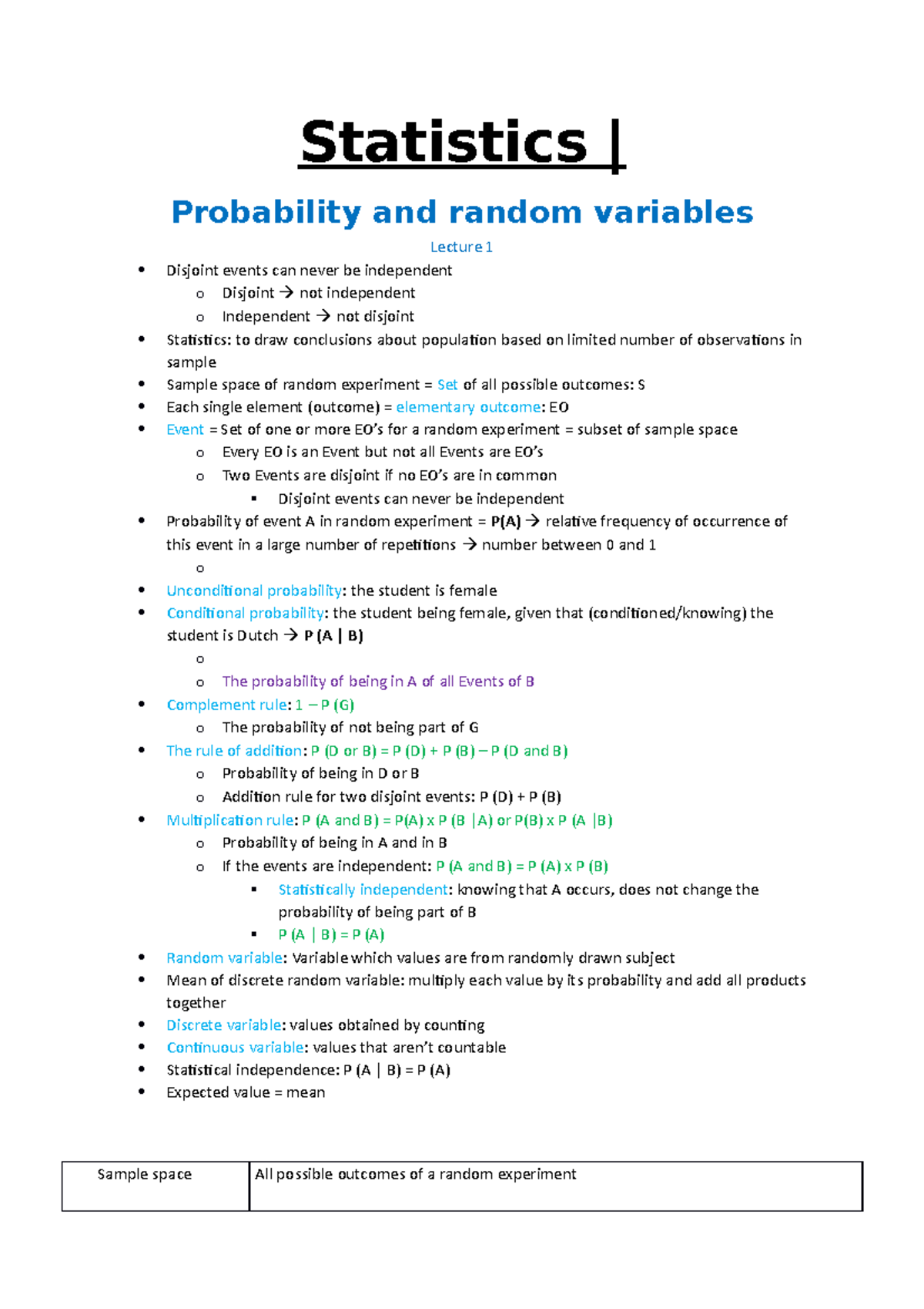 Statistics Full Summary - Statistics | Probability and random variables Lecture 1 Disjoint ...