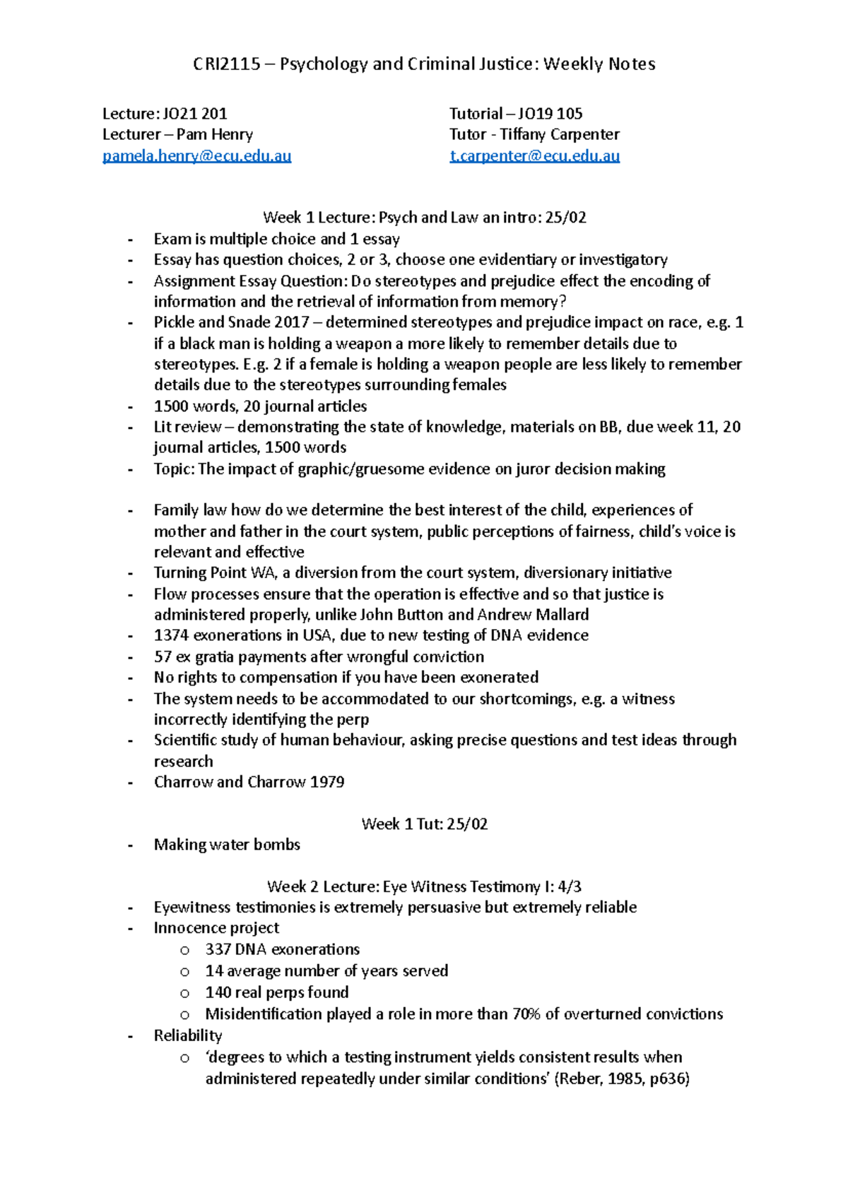 CRI2115 Weekly Notes - Lecture: JO21 201 Lecturer – Pam Henry pamela ...