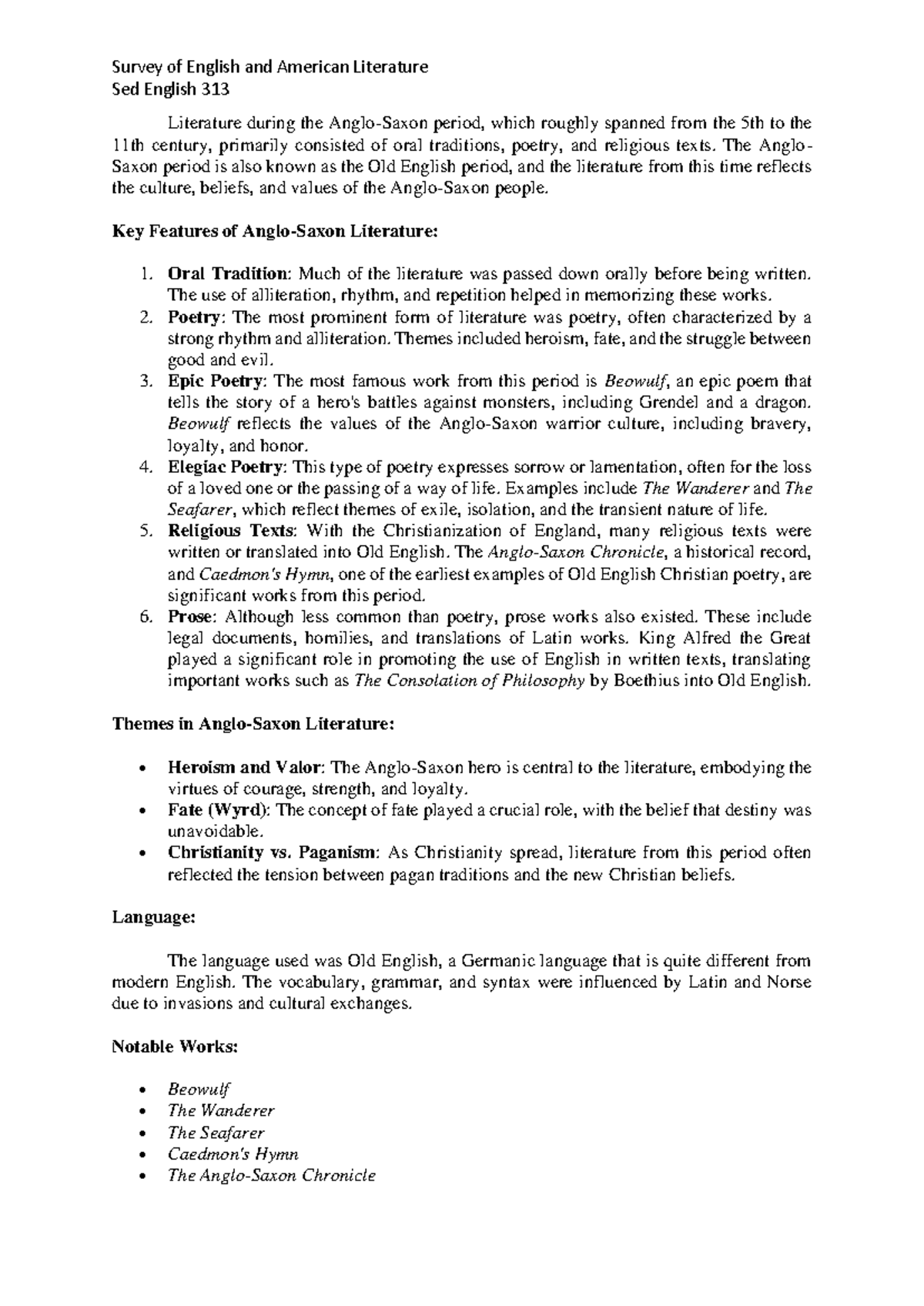 Literature during the Anglo Saxon - Survey of English and American ...