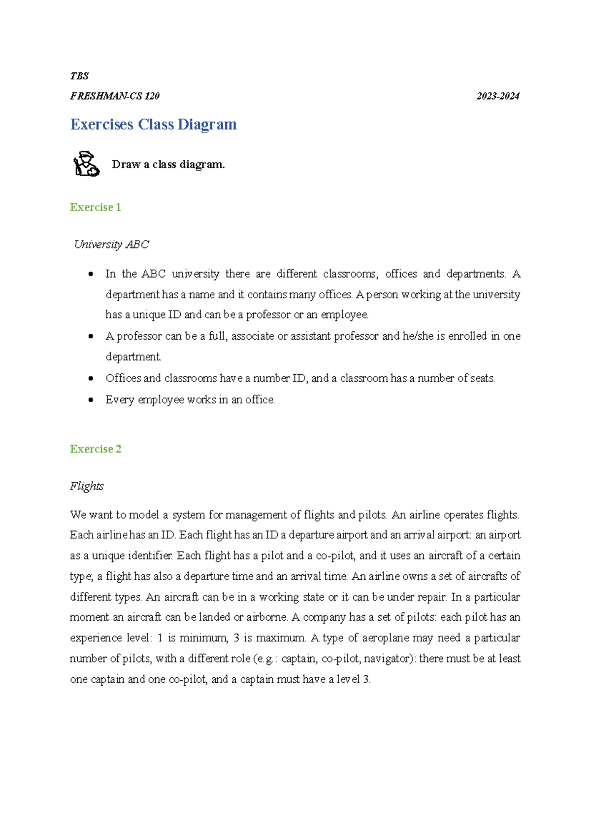Exercises Class Diagram 02 24 - TBS FRESHMAN-CS 120 2023 - 2024 ...