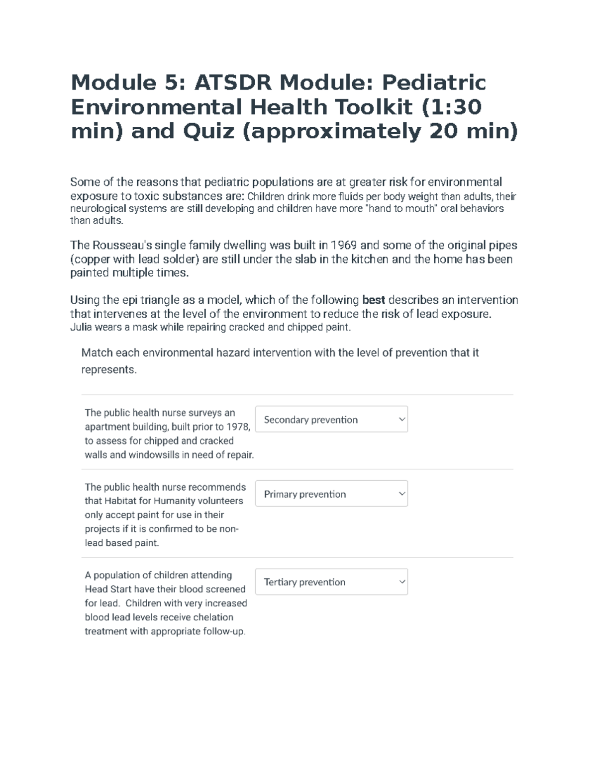 NUR440 Module 5 Quiz - Module 5: ATSDR Module: Pediatric Environmental ...