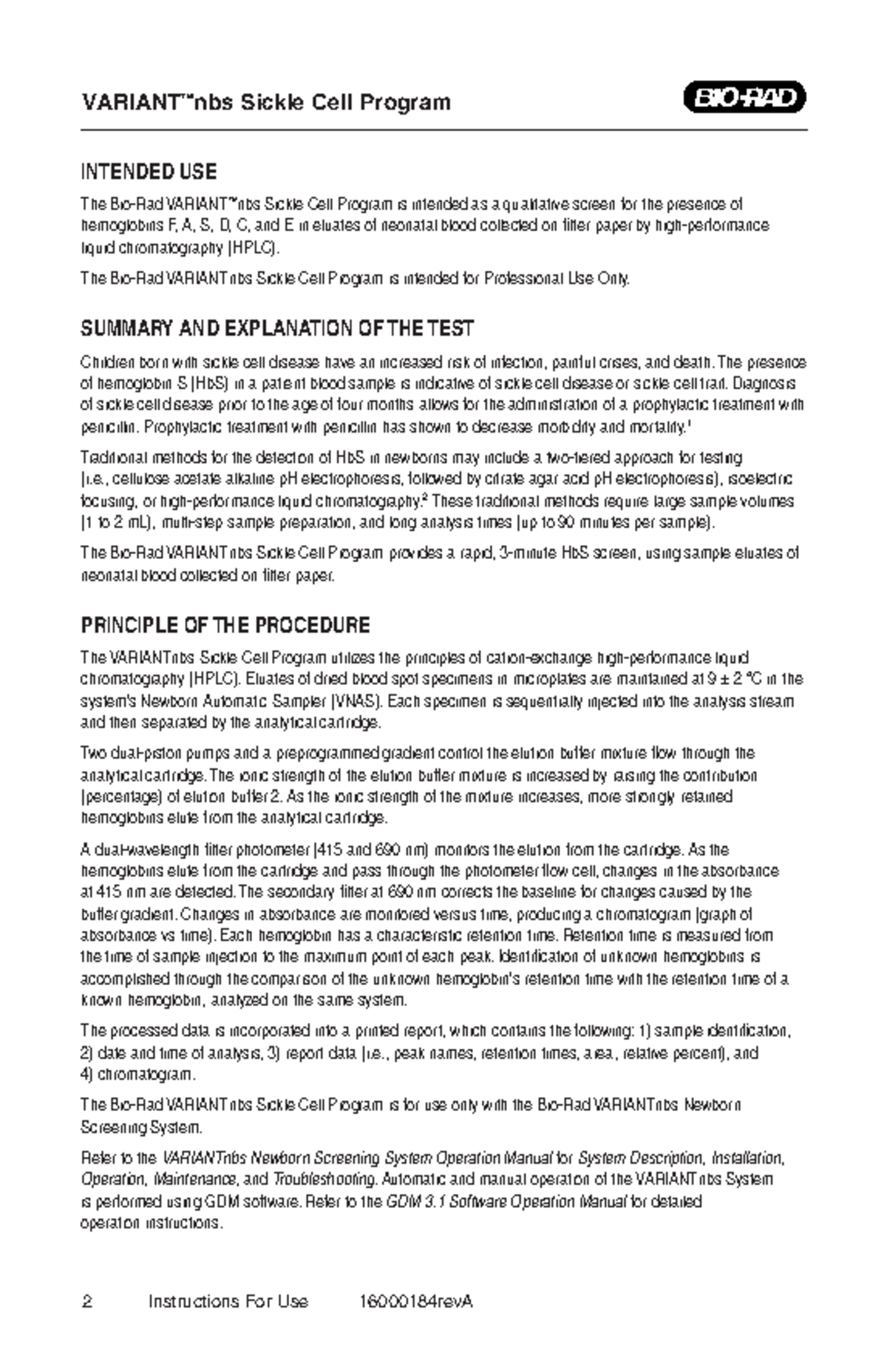 250-3000 Variant nbs Sickle Program IFU trang 2 TA - 2 Instructions For ...