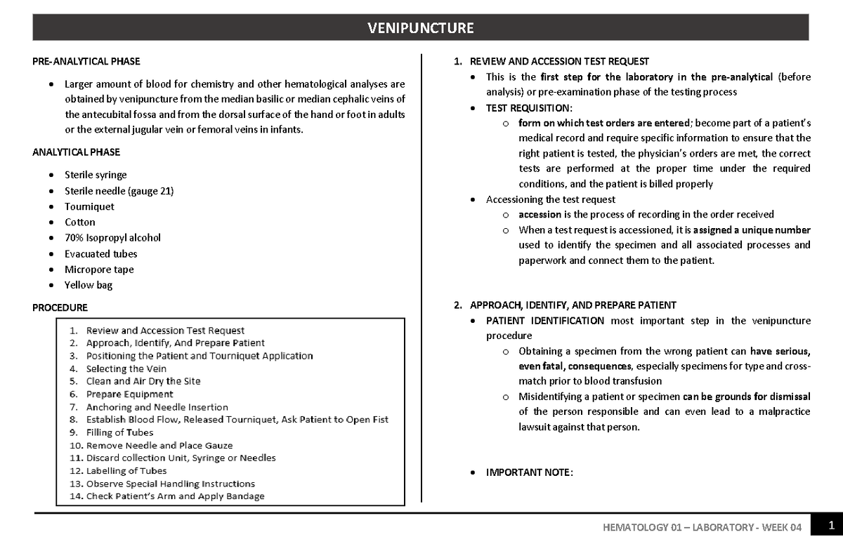 Week 04 - Hematology 01 Laboratory - PRE-ANALYTICAL PHASE Larger amount ...
