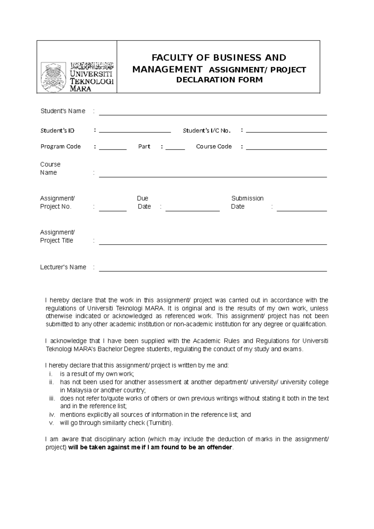 Assignment Project Declaration Form - Student’s Name : Course Name ...