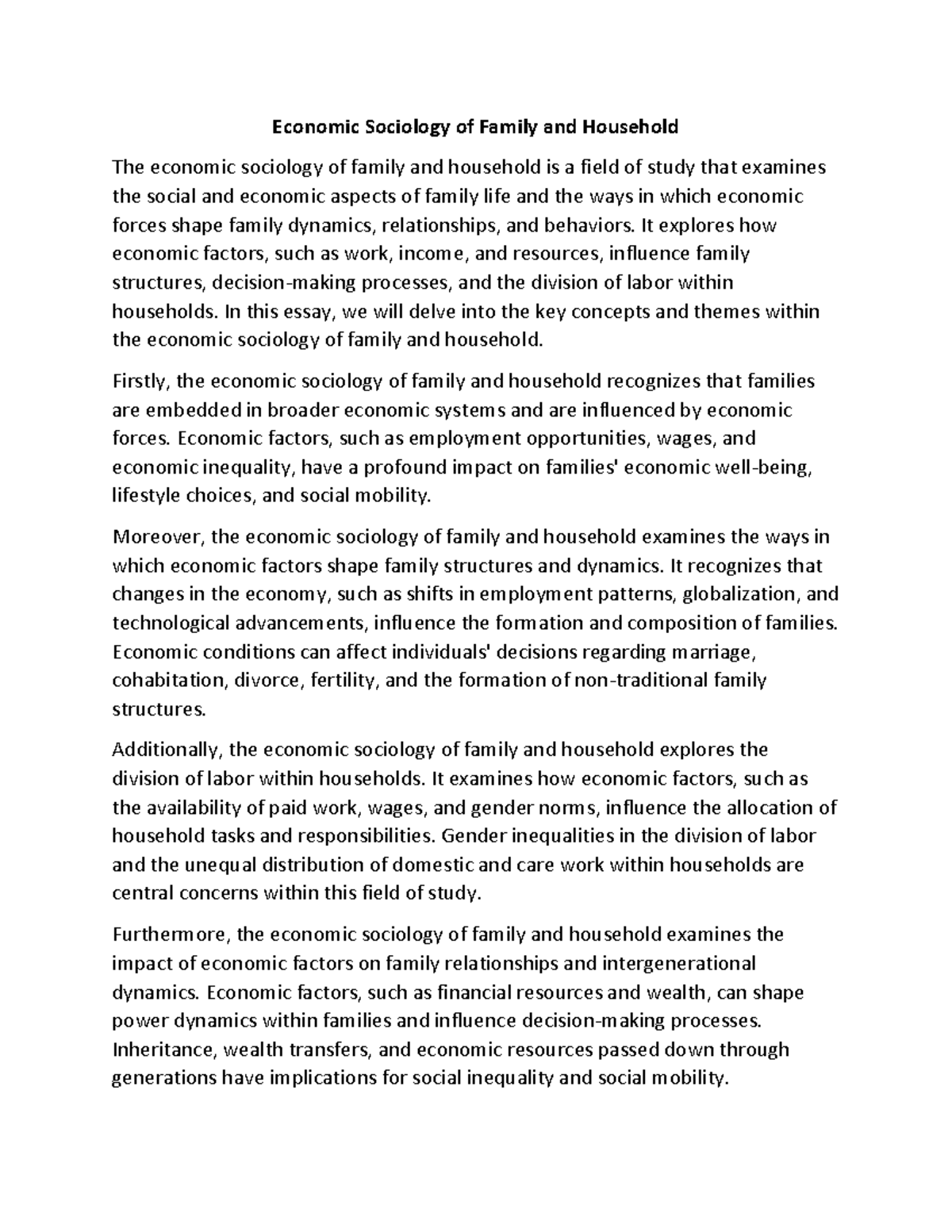 Economic Sociology of Family and Household - It explores how economic ...